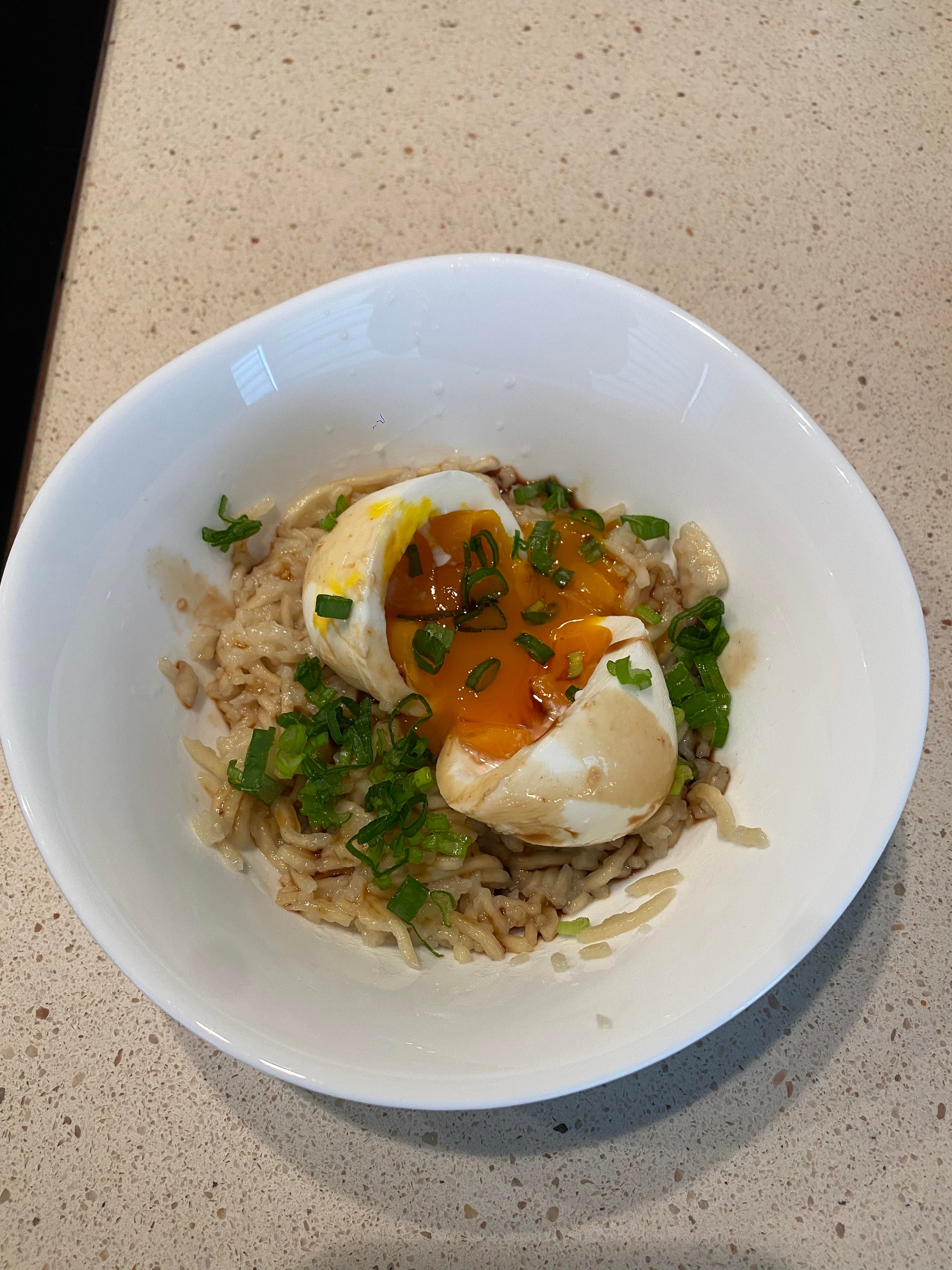 Quick breakfast with noodle scraps, shoyu tare, soft boiled egg and ...