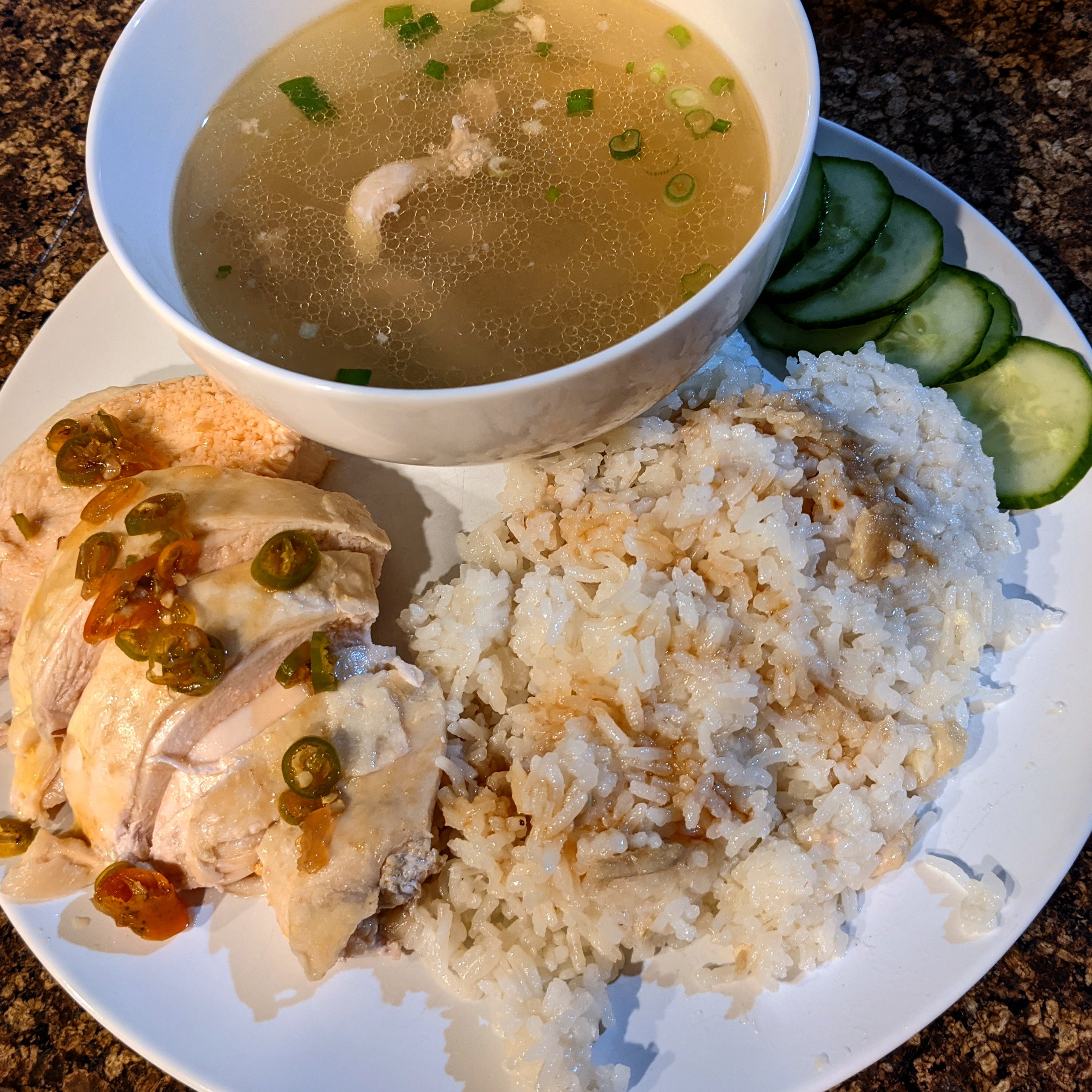 Homemade Haianese chicken rice with light soup. Seriously one of my ...