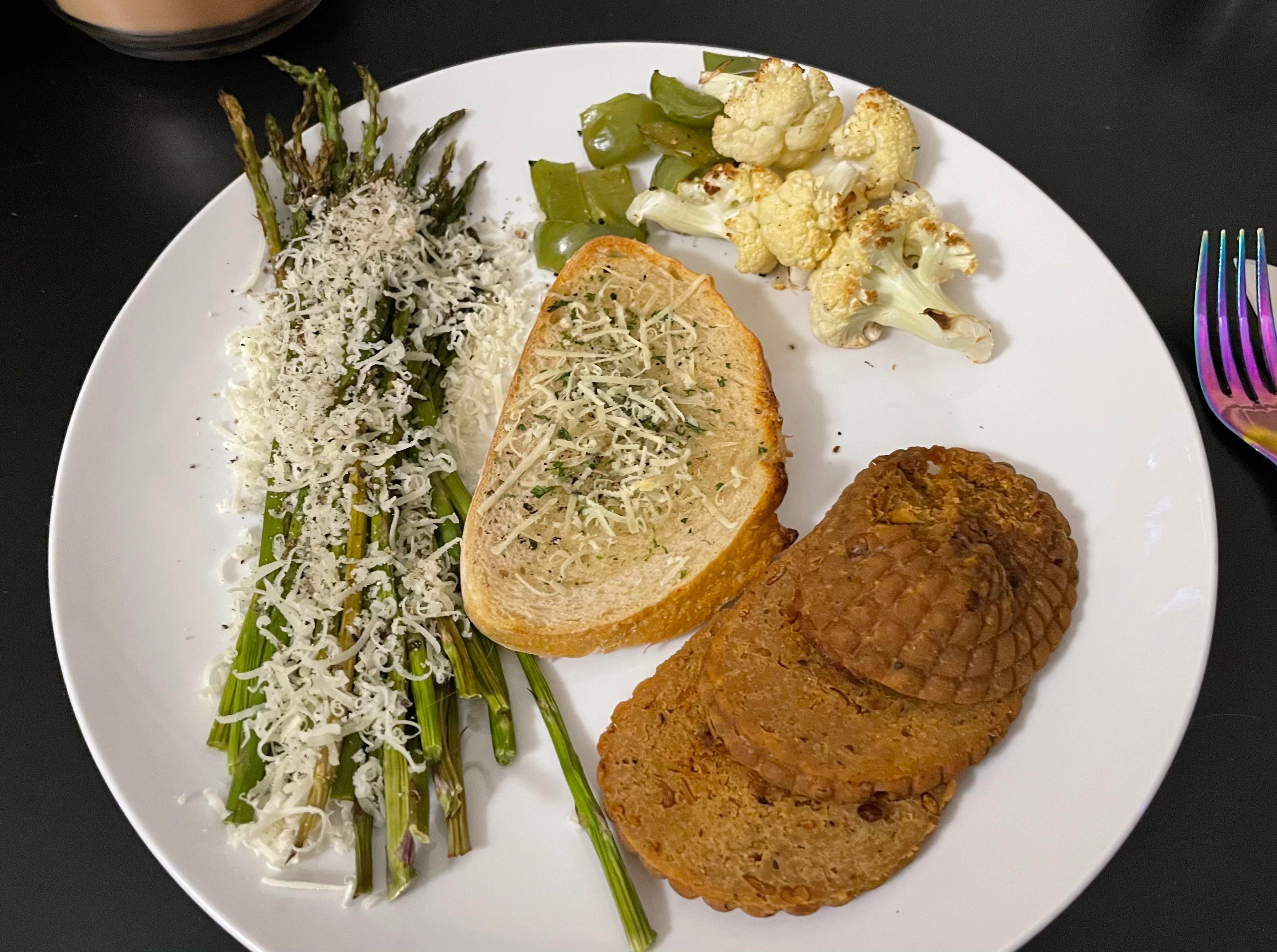 Celebration roast, roasted veggies and garlic bread with plenty of ...