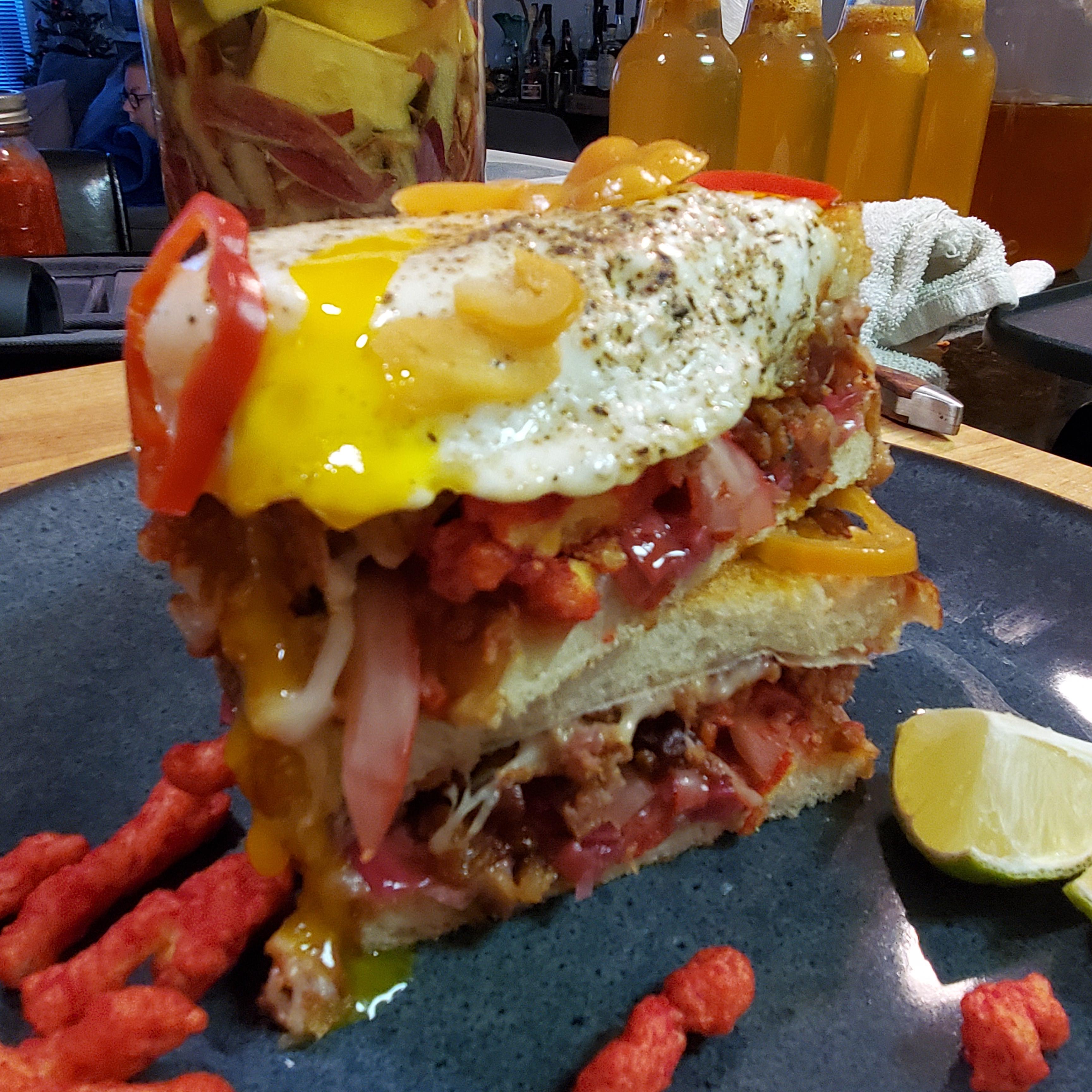 Croque Senorita: My Chorizo, Bacon, Egg, Pickled Habanero, Curtido ...