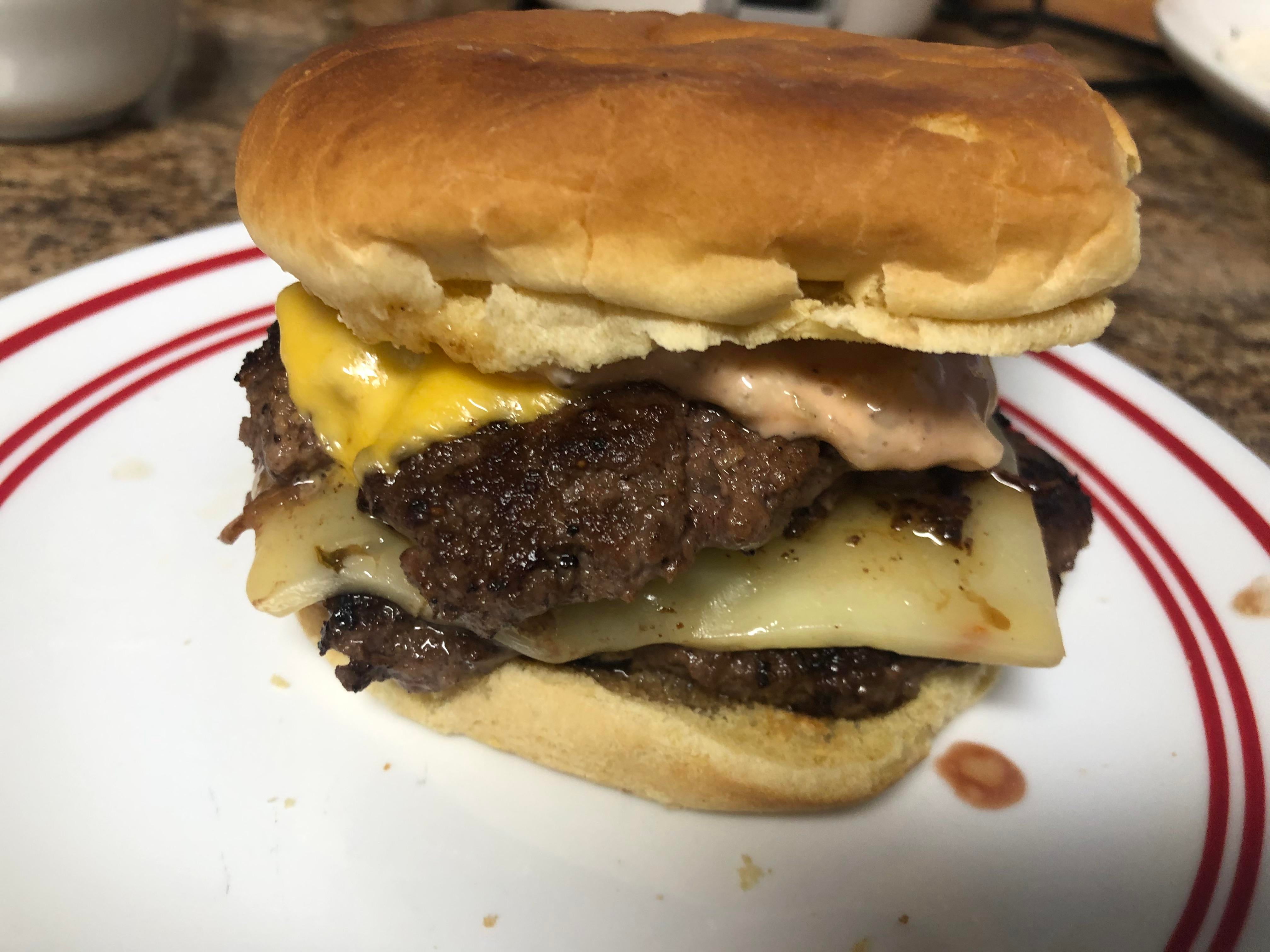 Double smash Oklahoma with pepper jack for one layer and spread on top ...
