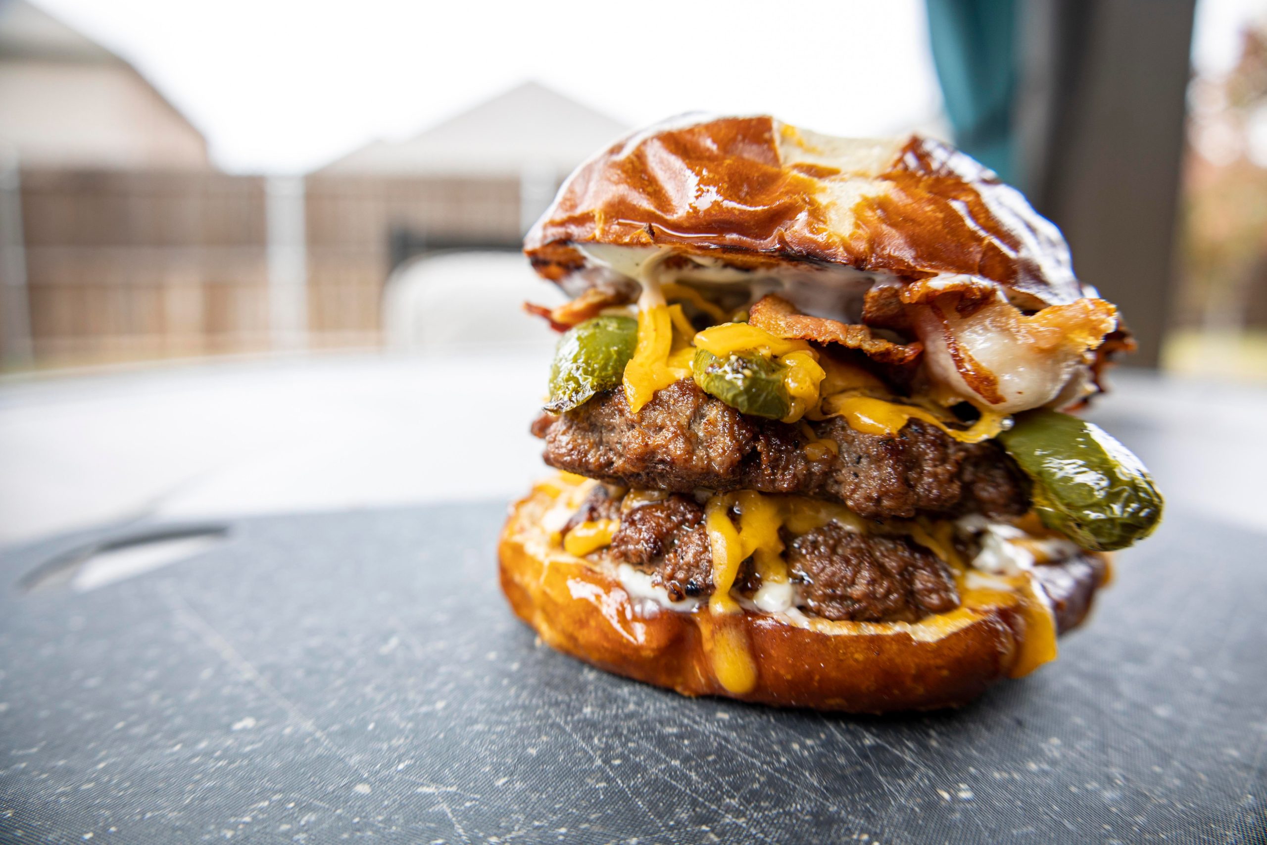 Jalapeno Bacon Ranch Burger on a Buttery Toasted Pretzel Bun - Dining ...