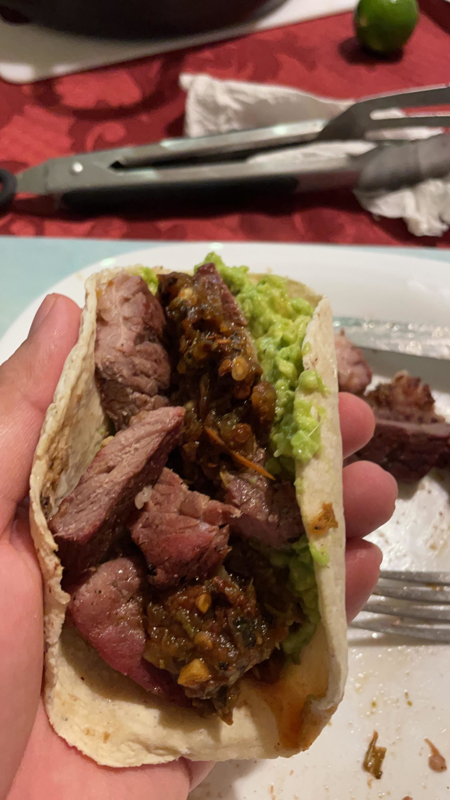 A taco of diesmillo (chuck steak), guacamole and salsa tatemada ...