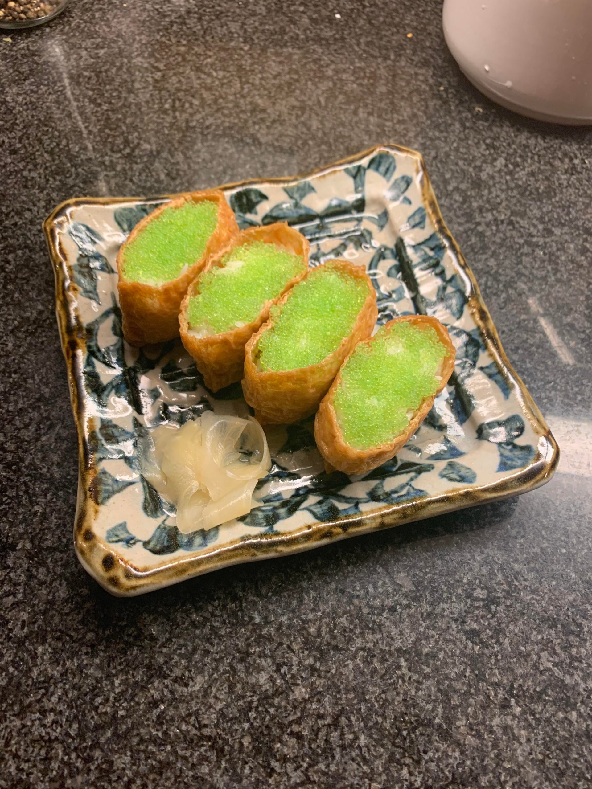 Inarizushi topped with wasabi tobiko from a local lox shop. - Dining ...