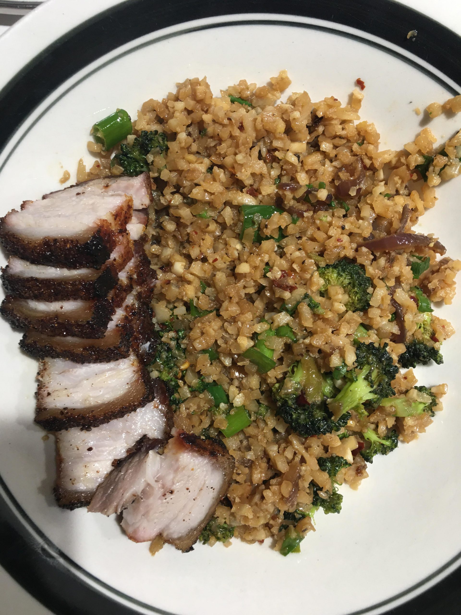 Pork belly and stir fried cauliflower rice - Dining and Cooking