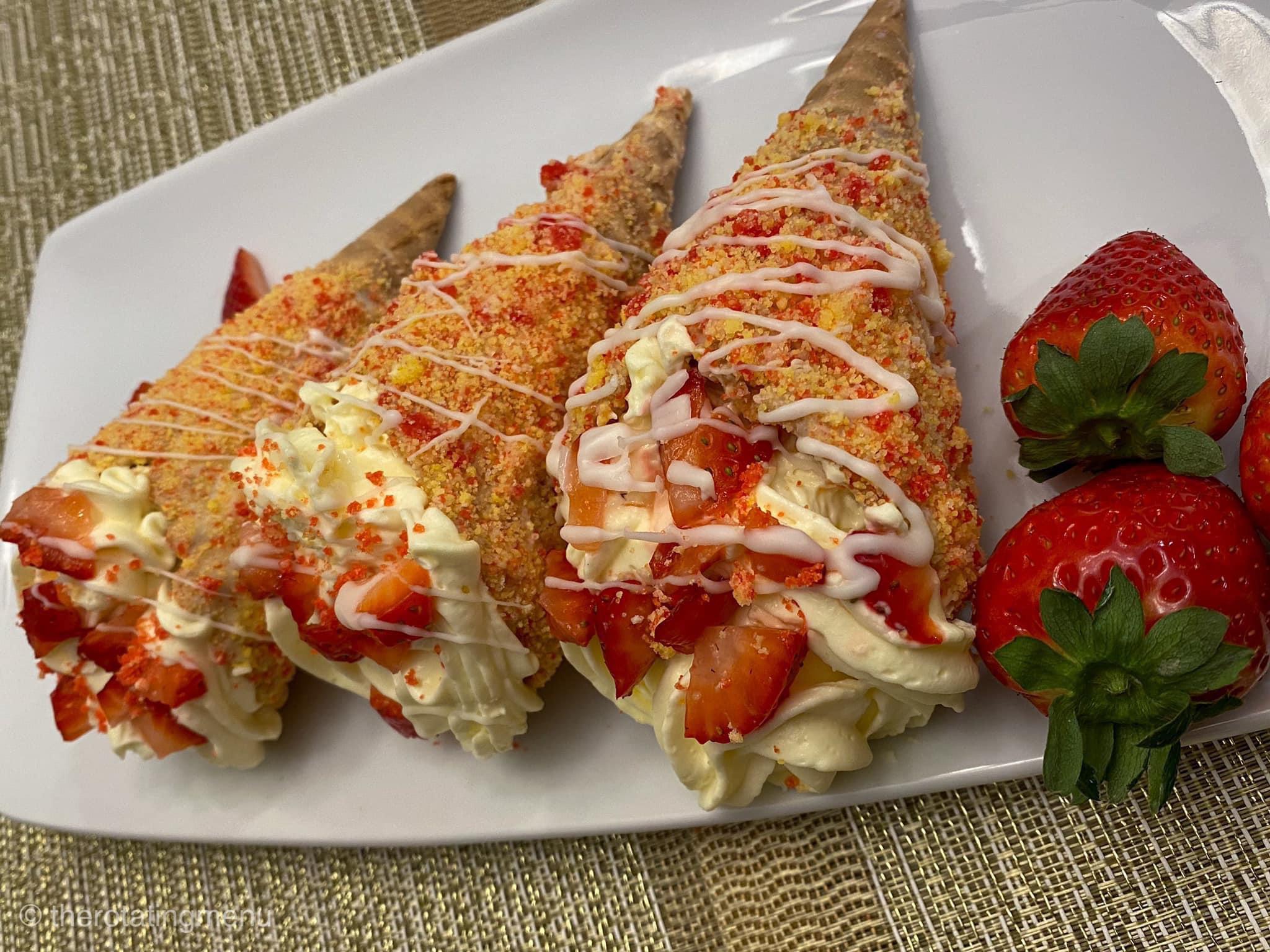 Strawberry Crunch Dipped Cheesecake Stuffed Cones: Topped With White ...