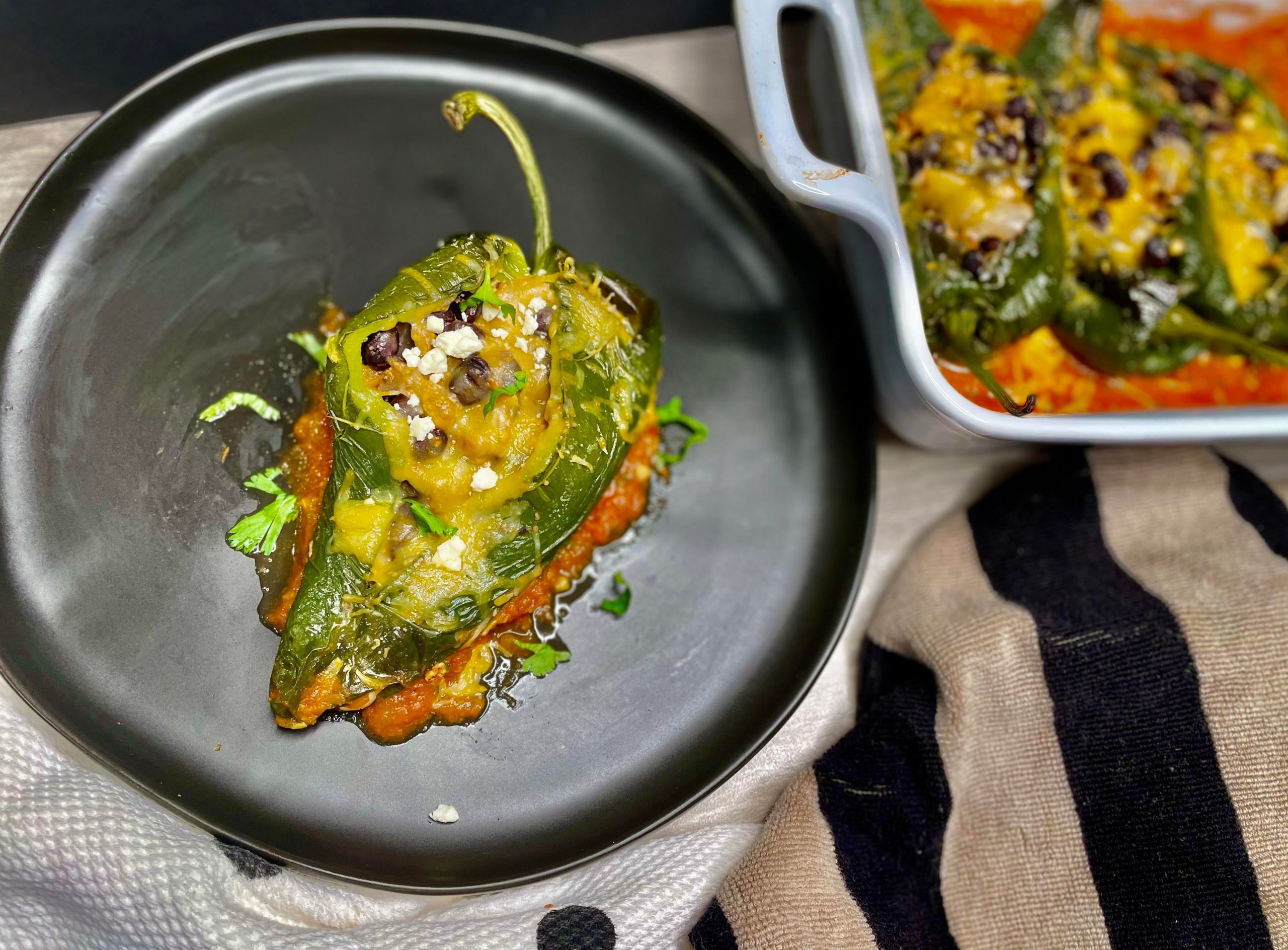 Vegetarian Chile Relleno in Ranchero Sauce. Roasted Poblano Peppers ...