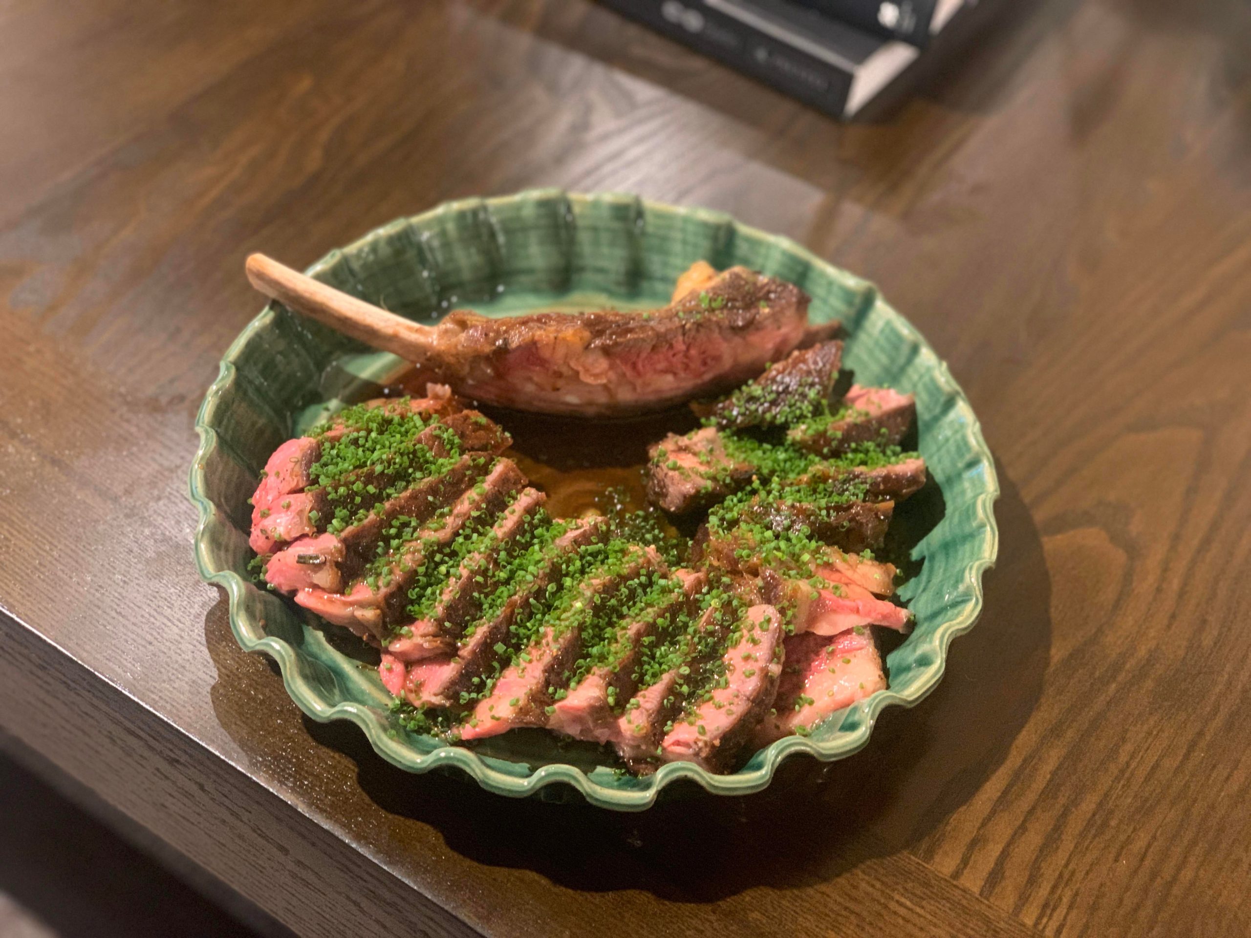28 day aged ribeye with miso beef jus and chives - Dining and Cooking