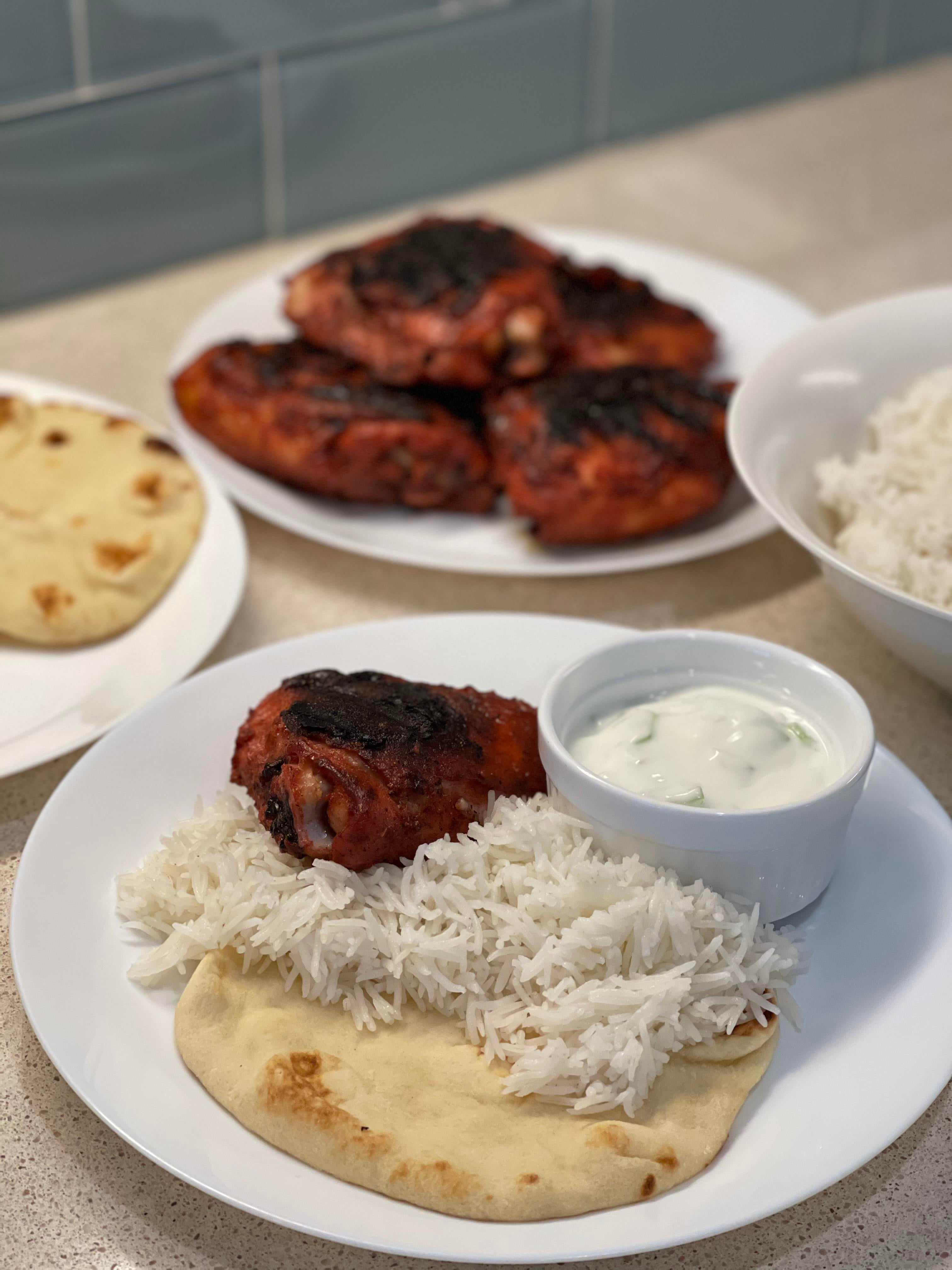 Tandoori Chicken with Basmati Rice, Naan & Raita - Dining and Cooking
