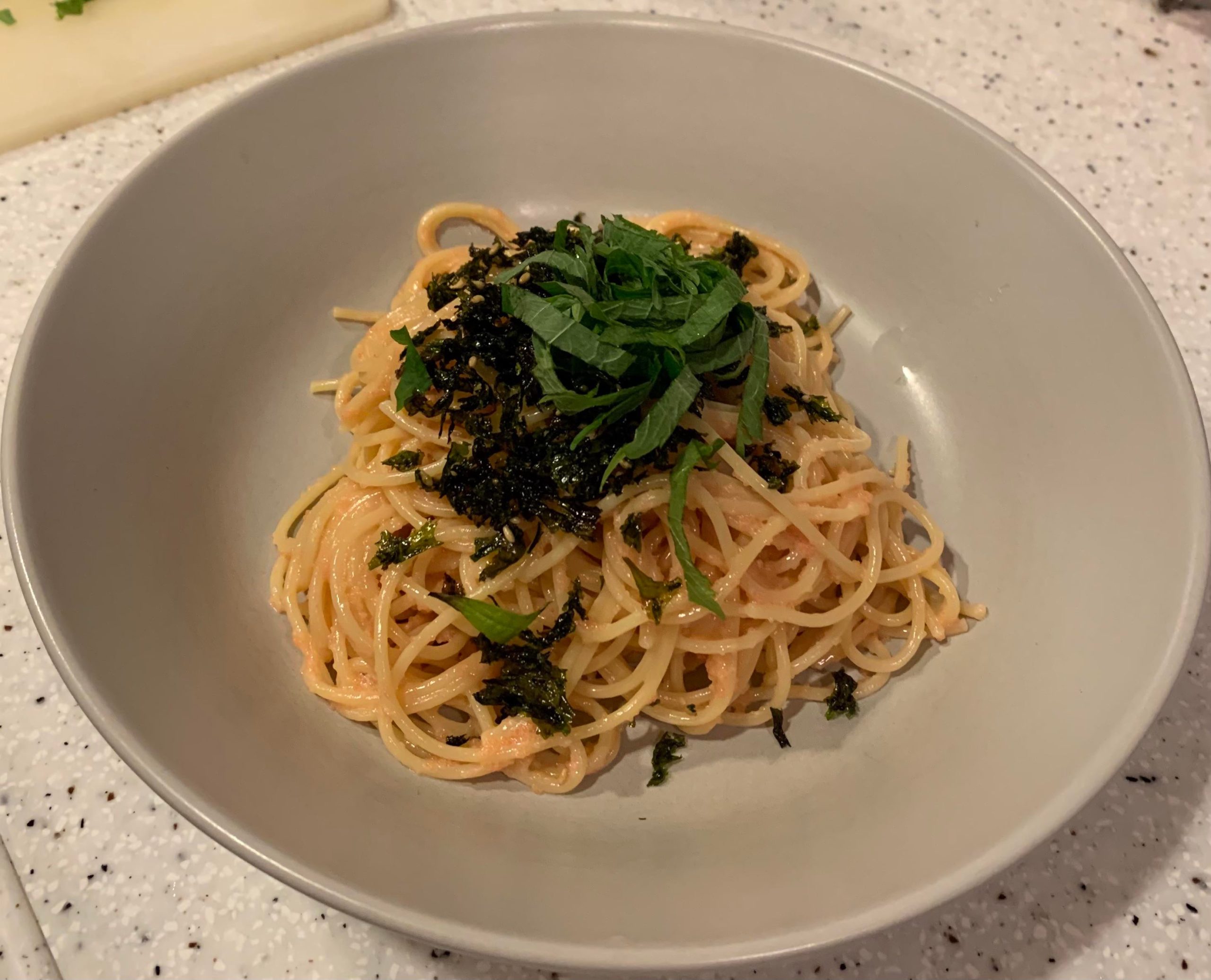 Tarako spaghetti... super simple with korean nori and shiso toppings ...