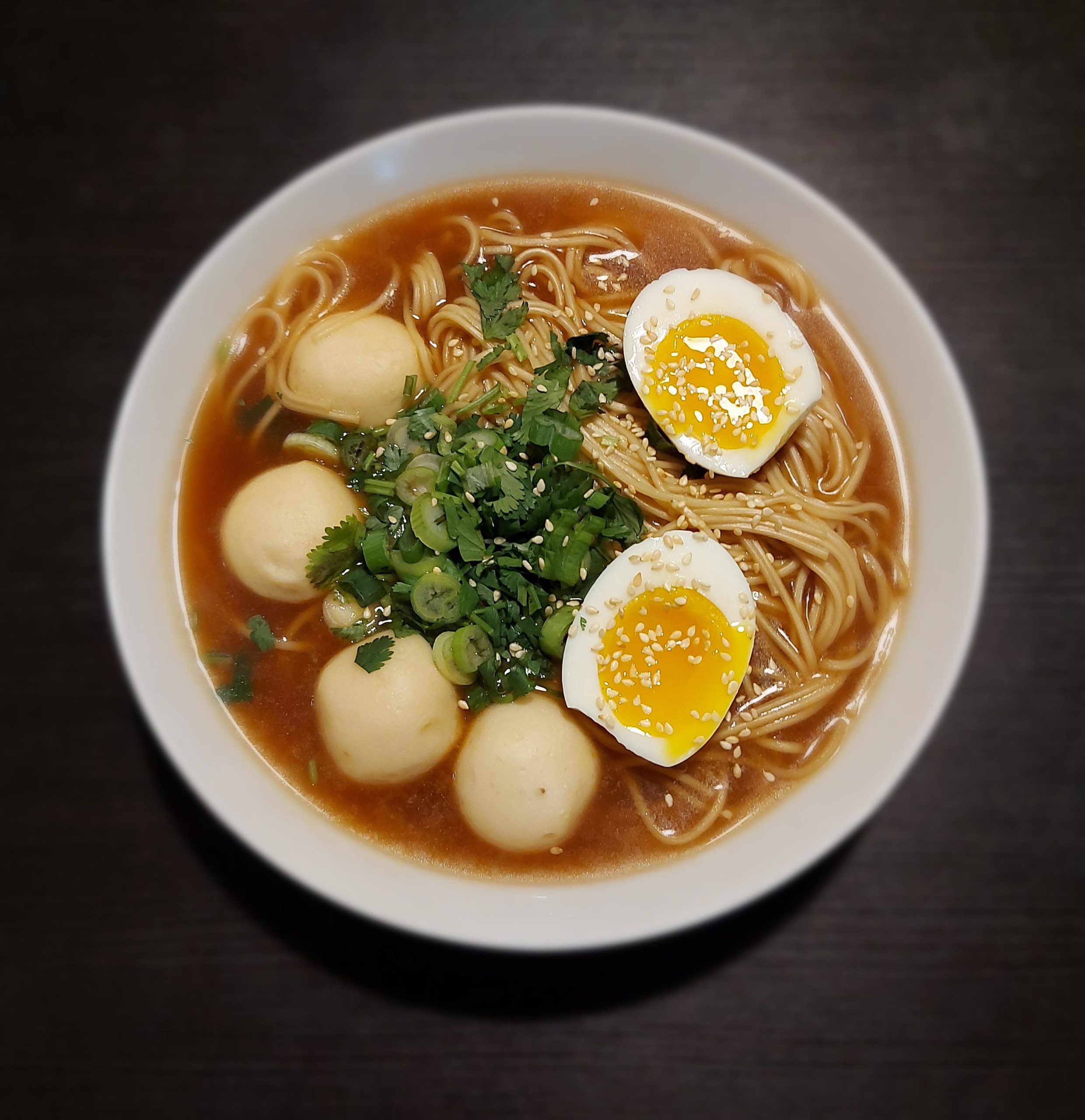 Simple ramen dinner - miso ramen, fish balls and a gooey soft boiled ...