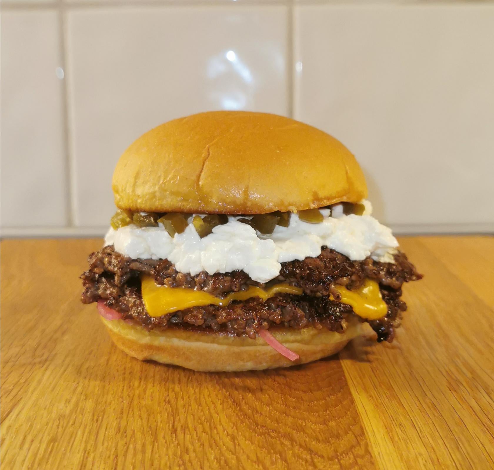 My take on a cricket burger! Double smash, cheddar, salsa as ...