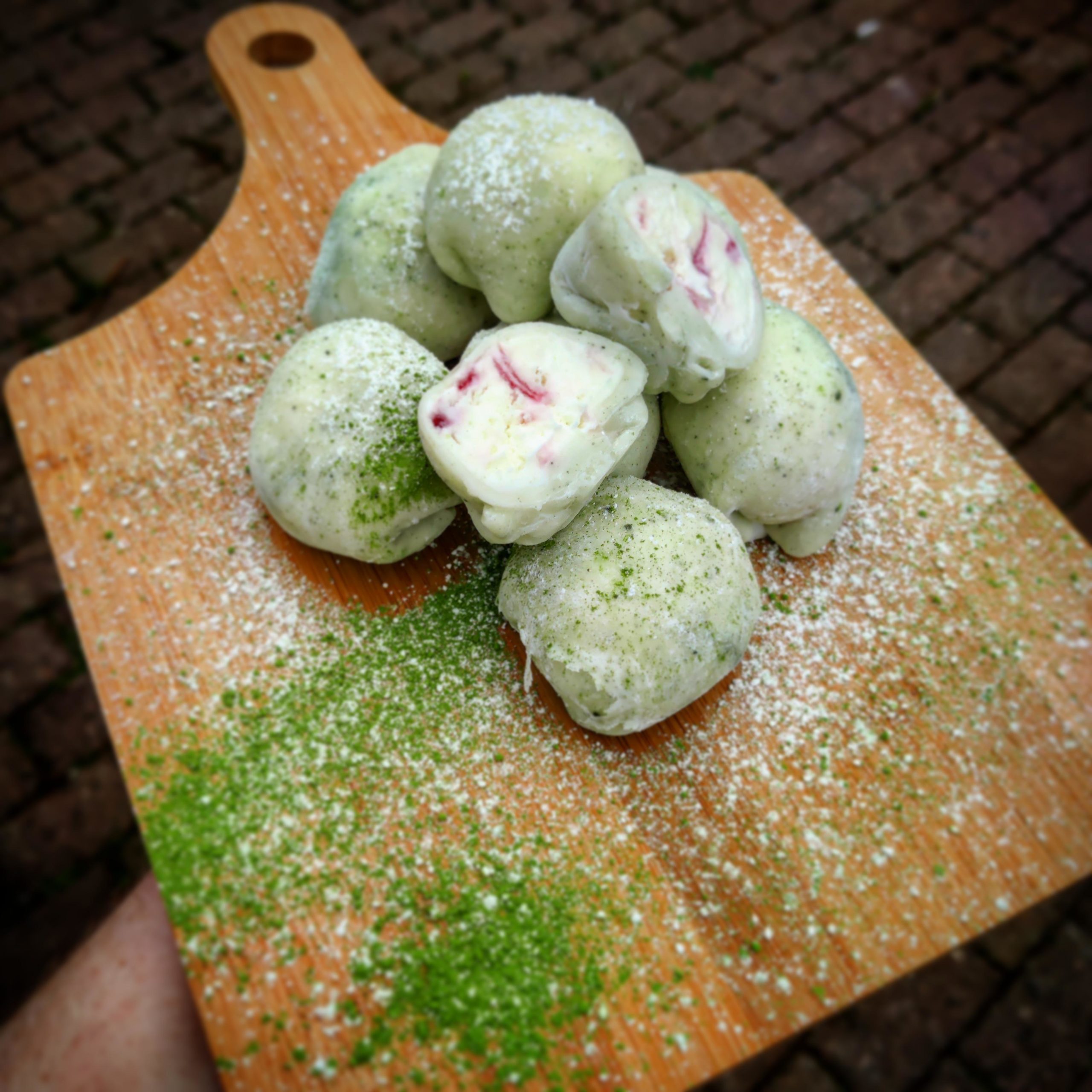 Macha mochi filled with raspberry and vanilla ice cream - Dining and ...