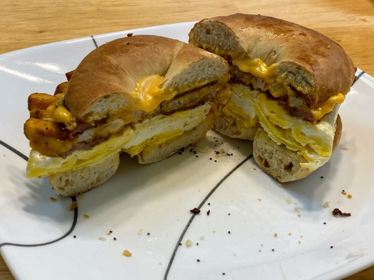 Bacon Egg and Cheese + Seasoned Fries on an Onion Bagel 🥯 - Dining and ...