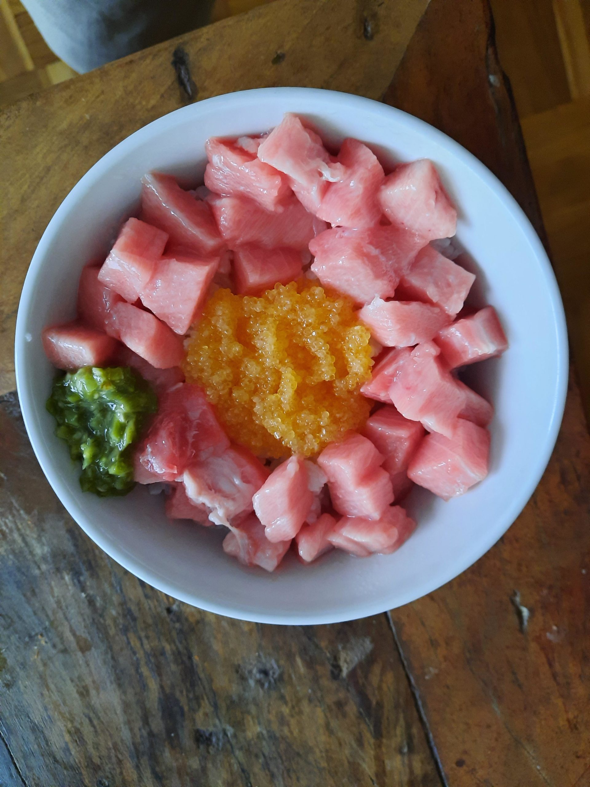 Ōtoro-don with Lavaret roe and pickled wasabi I made the other week ...