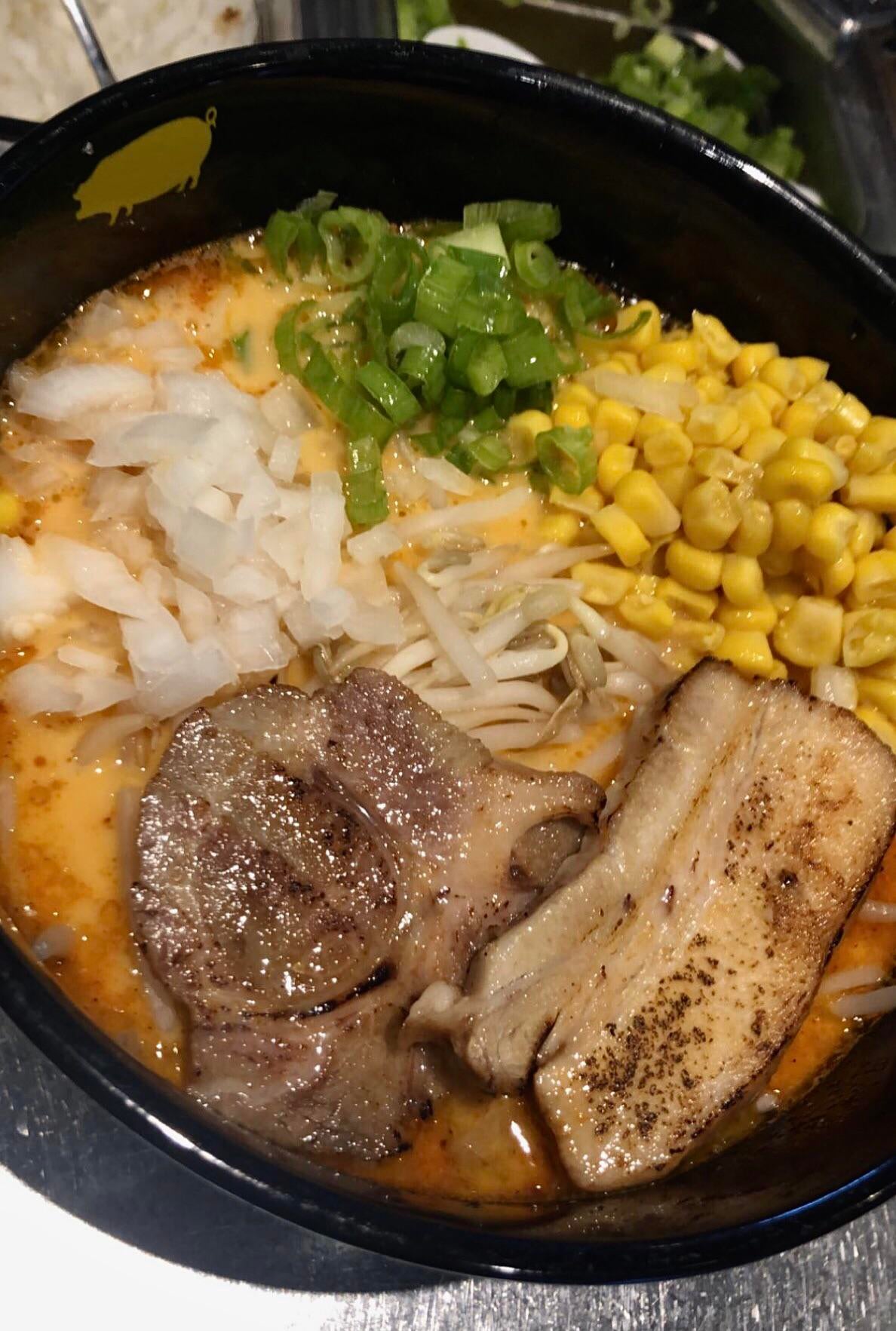 Pork broth with spicy tare, Pork Belly over Shoulder, with added ...