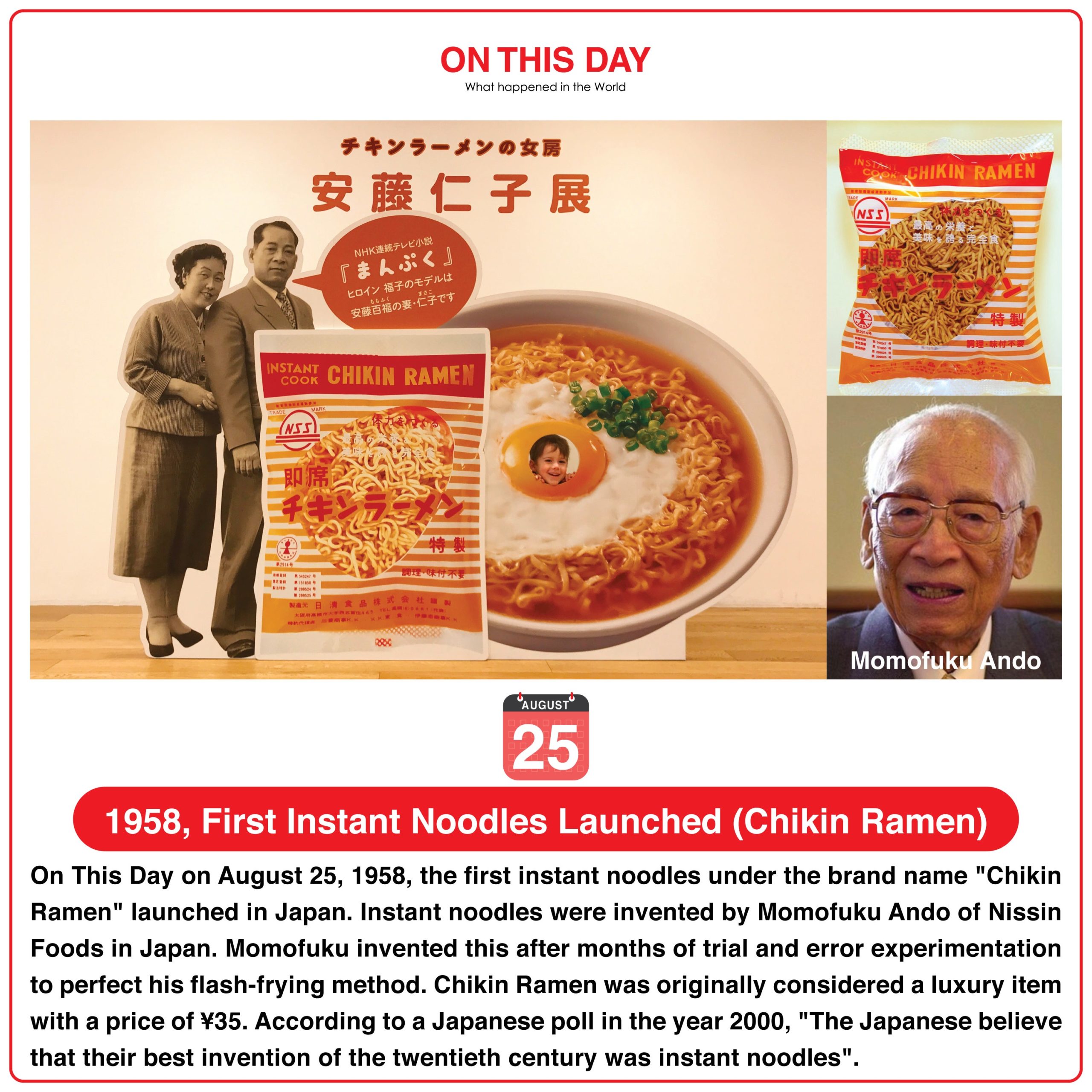 1958, the first instant noodles under the brand name "Chikin Ramen ...