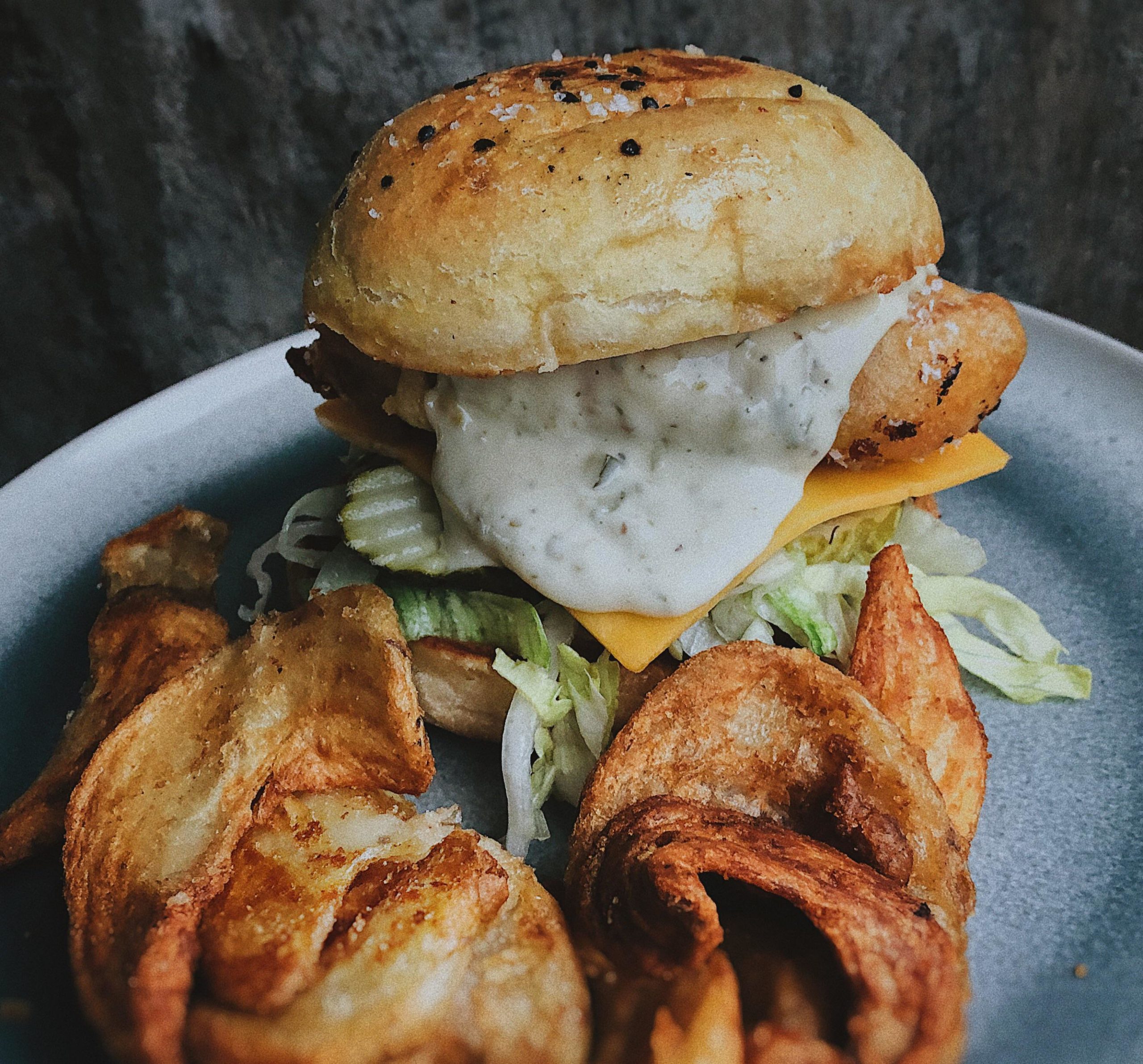 Oh My Cod! beer battered cod fillets, lemon dressed shredded iceberg ...
