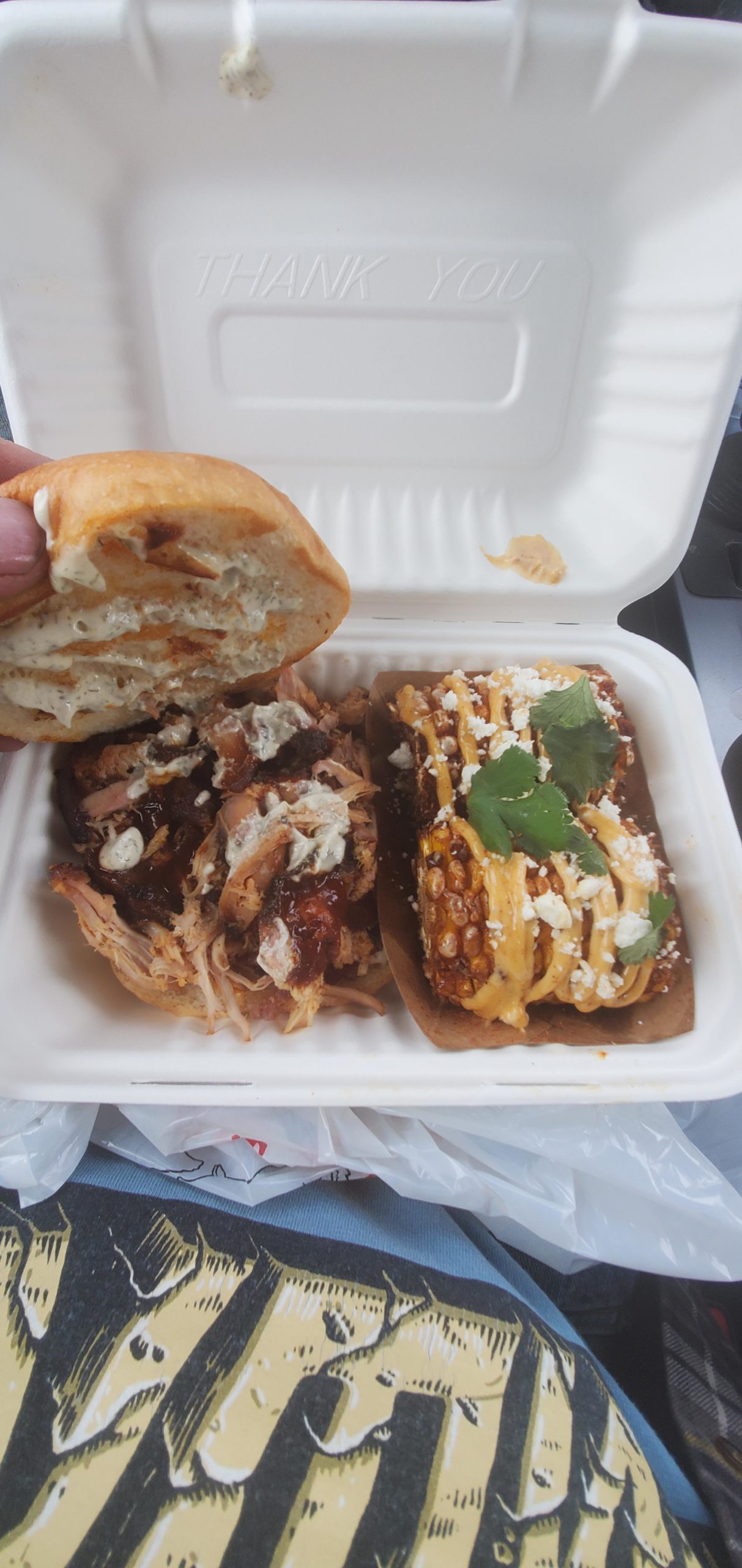 Ranchy Bird sandwitch. Mexican street corn - Dining and Cooking