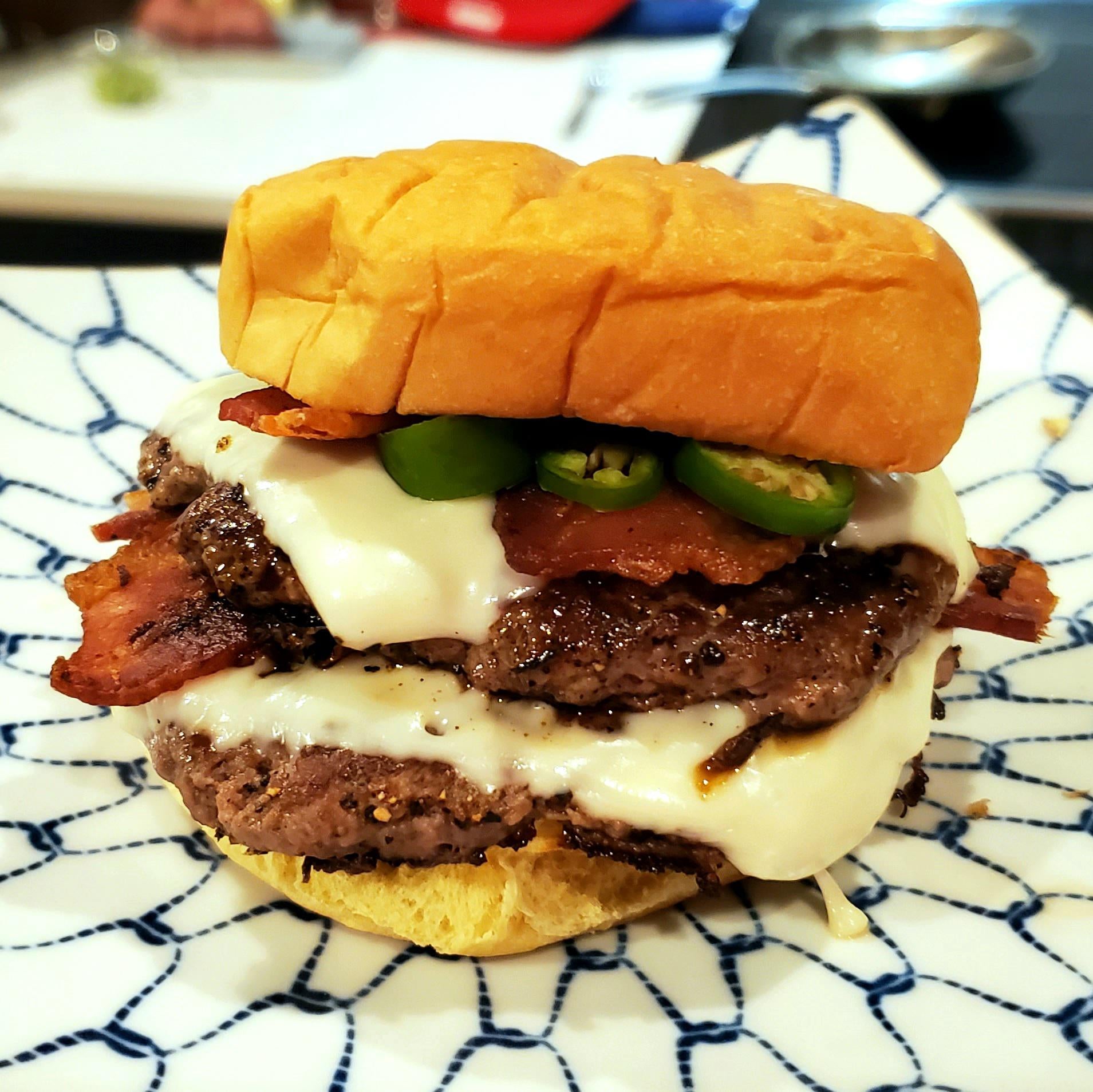 Sunday night burger, venison smashburger: double patties, double bacon ...