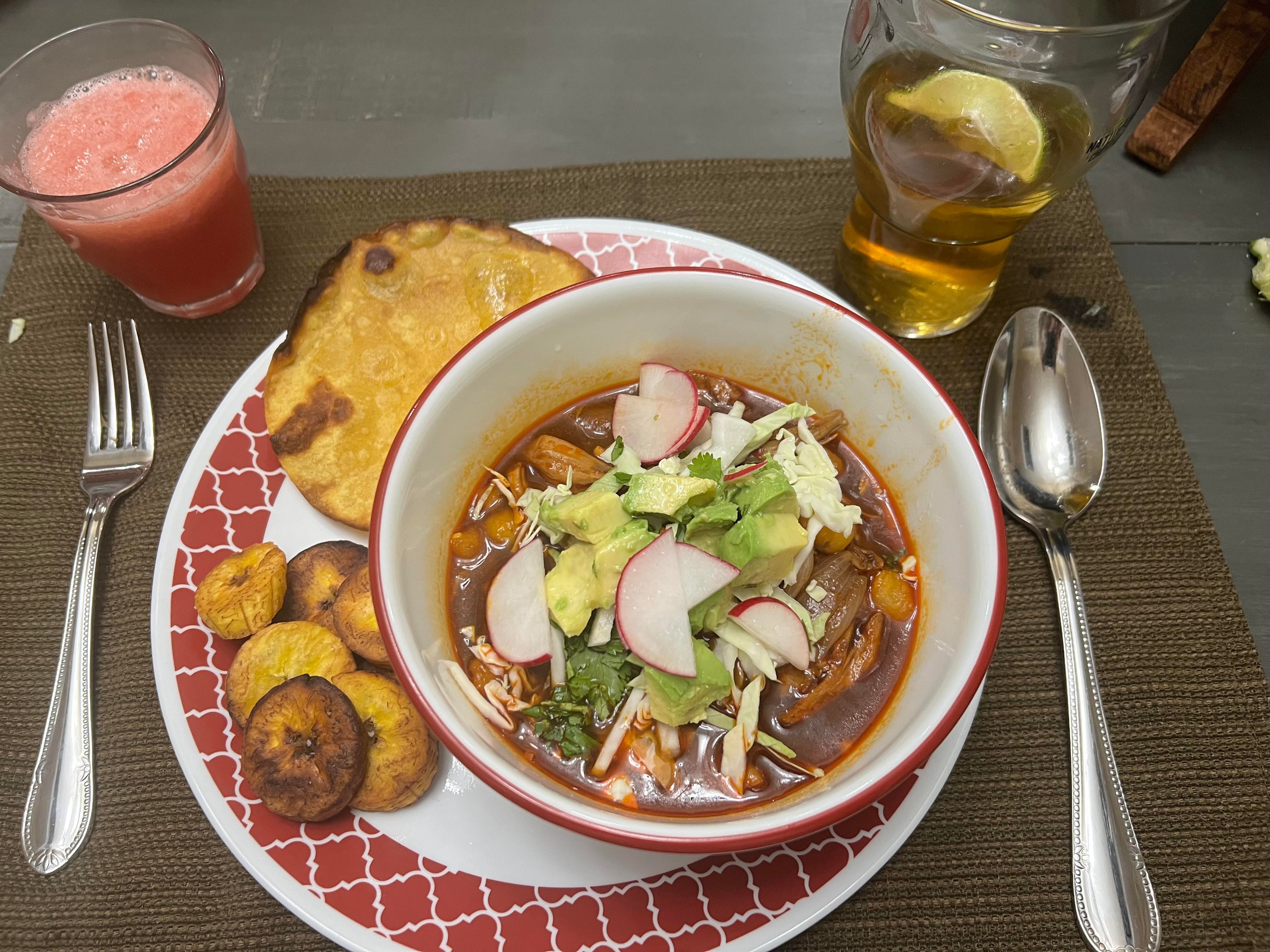 Craving Mexican on a cold night… pozole rojo, plantains, tostadas ...