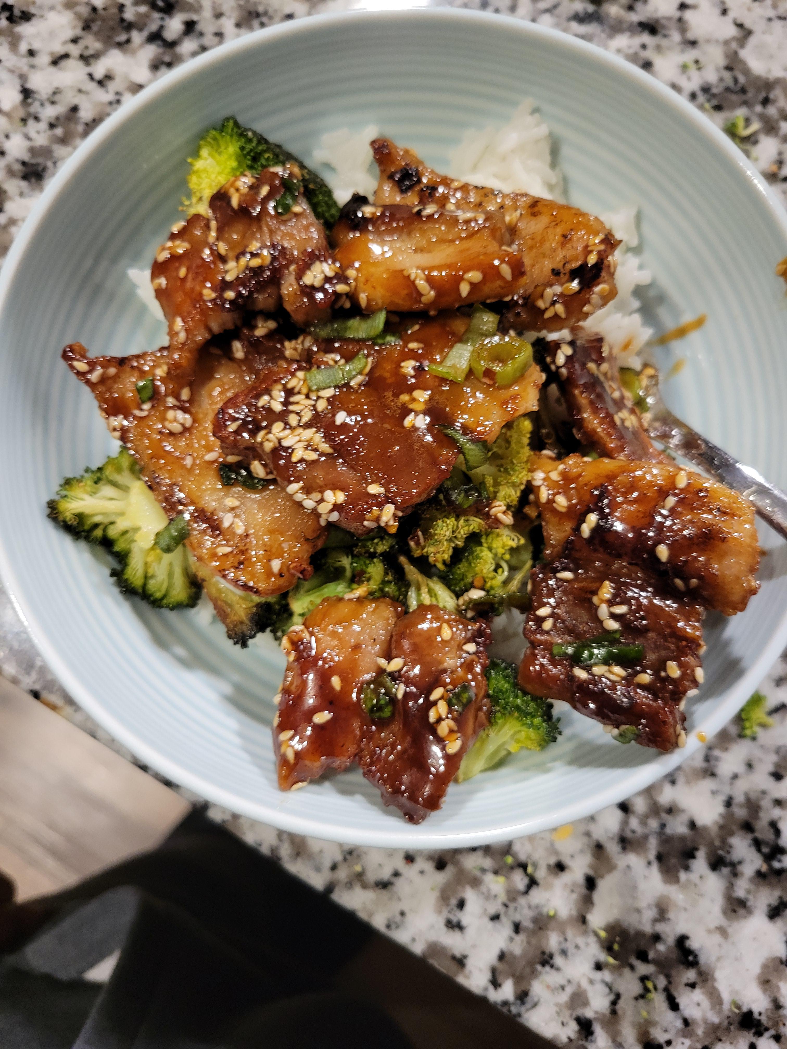 Pork belly with honey garlic sauce over rice and roasted broccoli ...