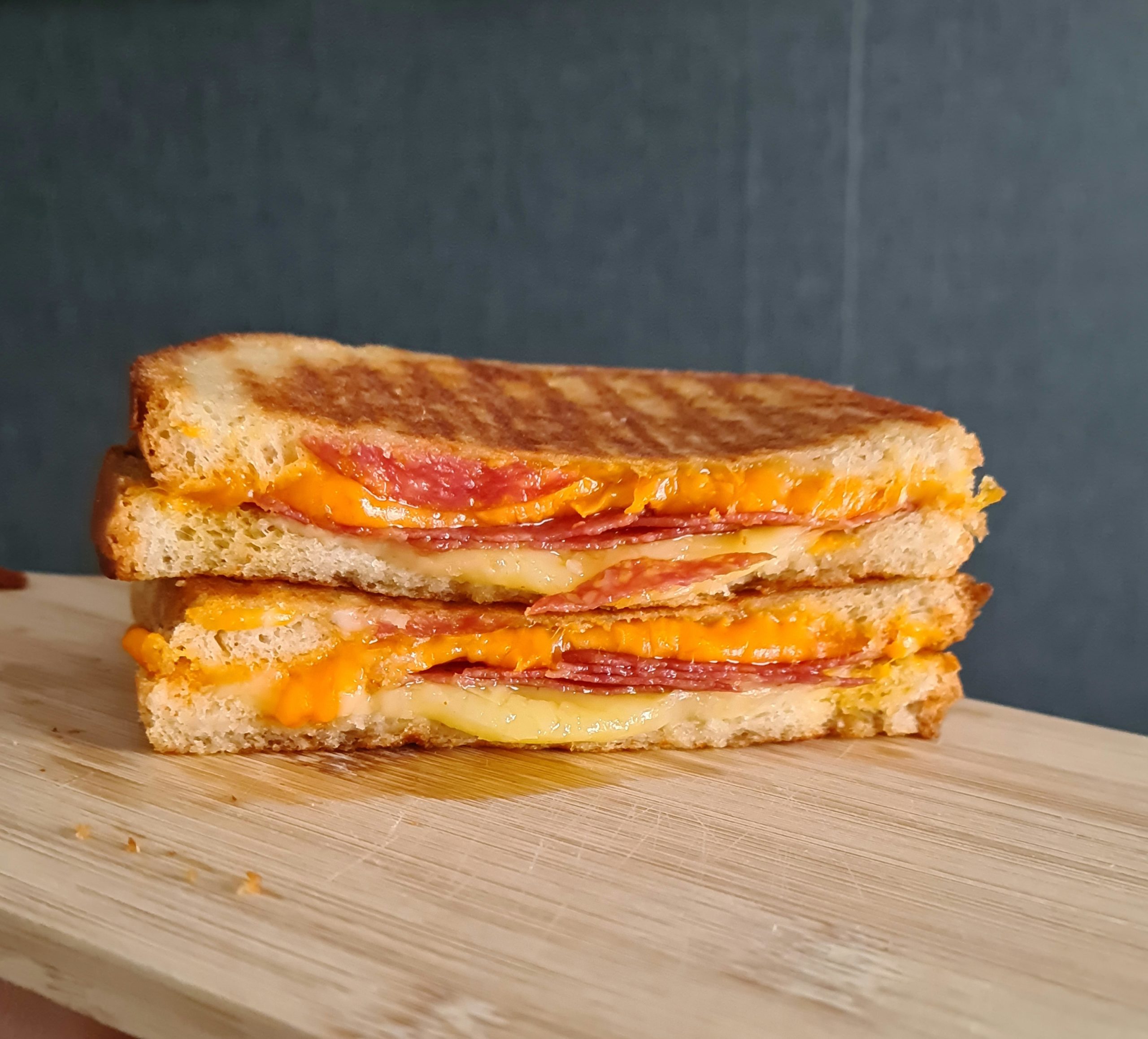 Salami melt w/cheddar and red Leicester on sourdough. - Dining and Cooking