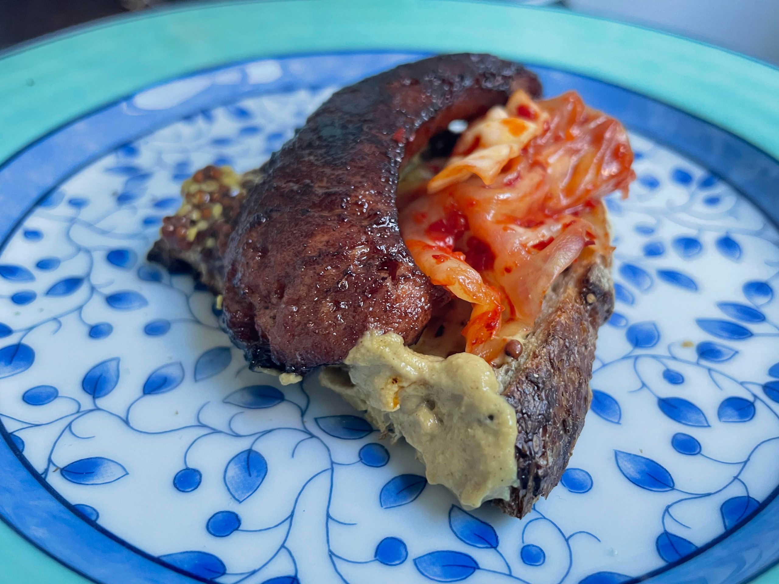 Linguiça and kimchi on ancient grains toast with 2 types of dijon ...