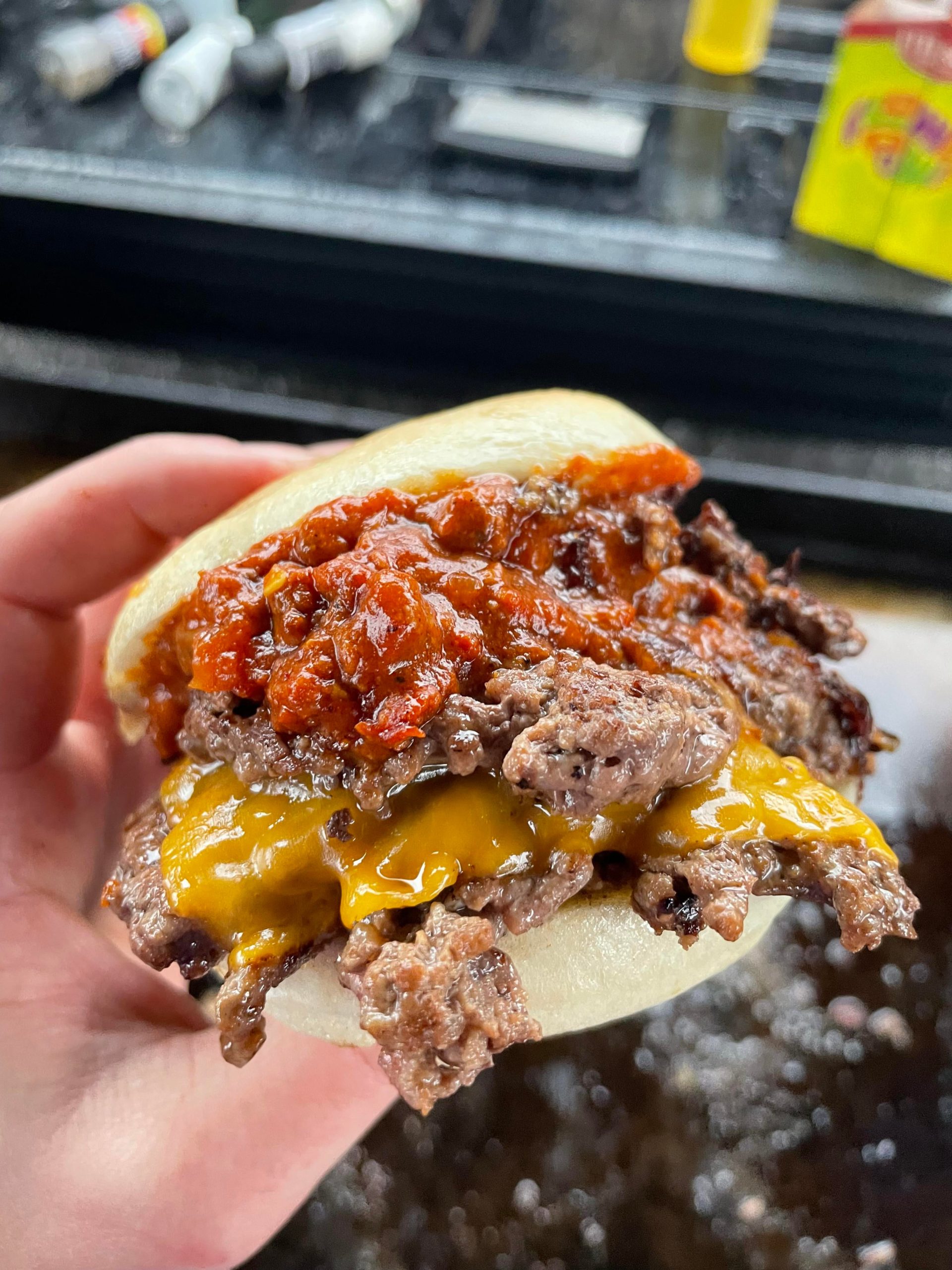 [OC] Tailgate Smash Burger with Meat Hot Sauce - Dining and Cooking