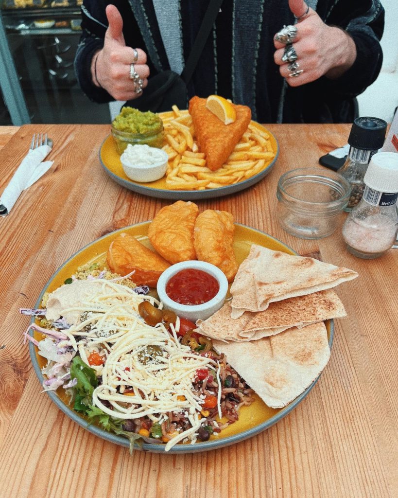 Vegan fish and chips // vegan halloumi with salad @ Vegan Pyramid Cafe ...