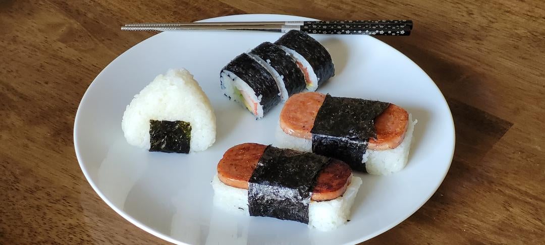 first attempt at a California roll, a rice ball, and some spam musubi ...
