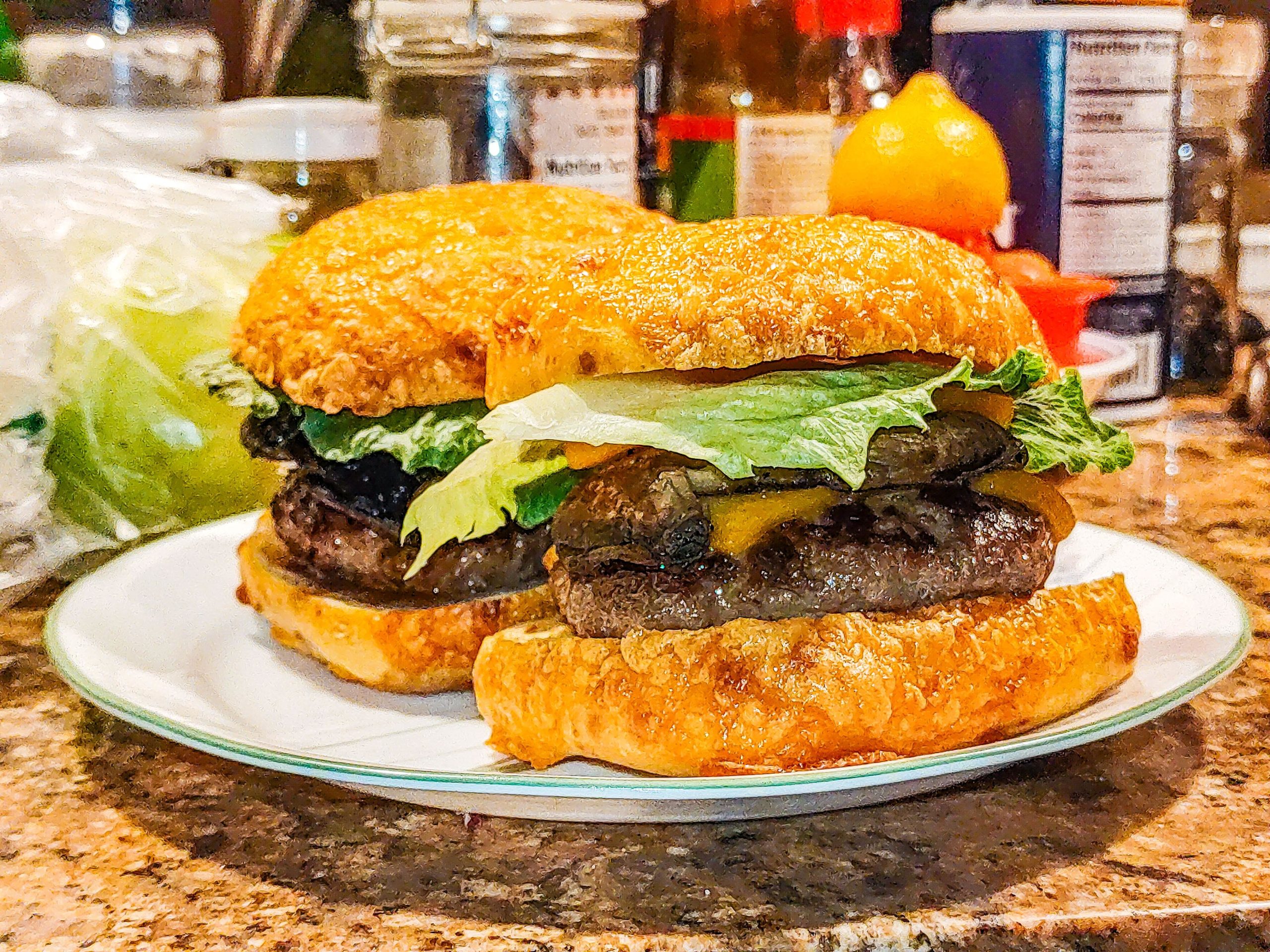 Seasoned juicy moo with cheesy buns, portabello caps, and cheddar ...