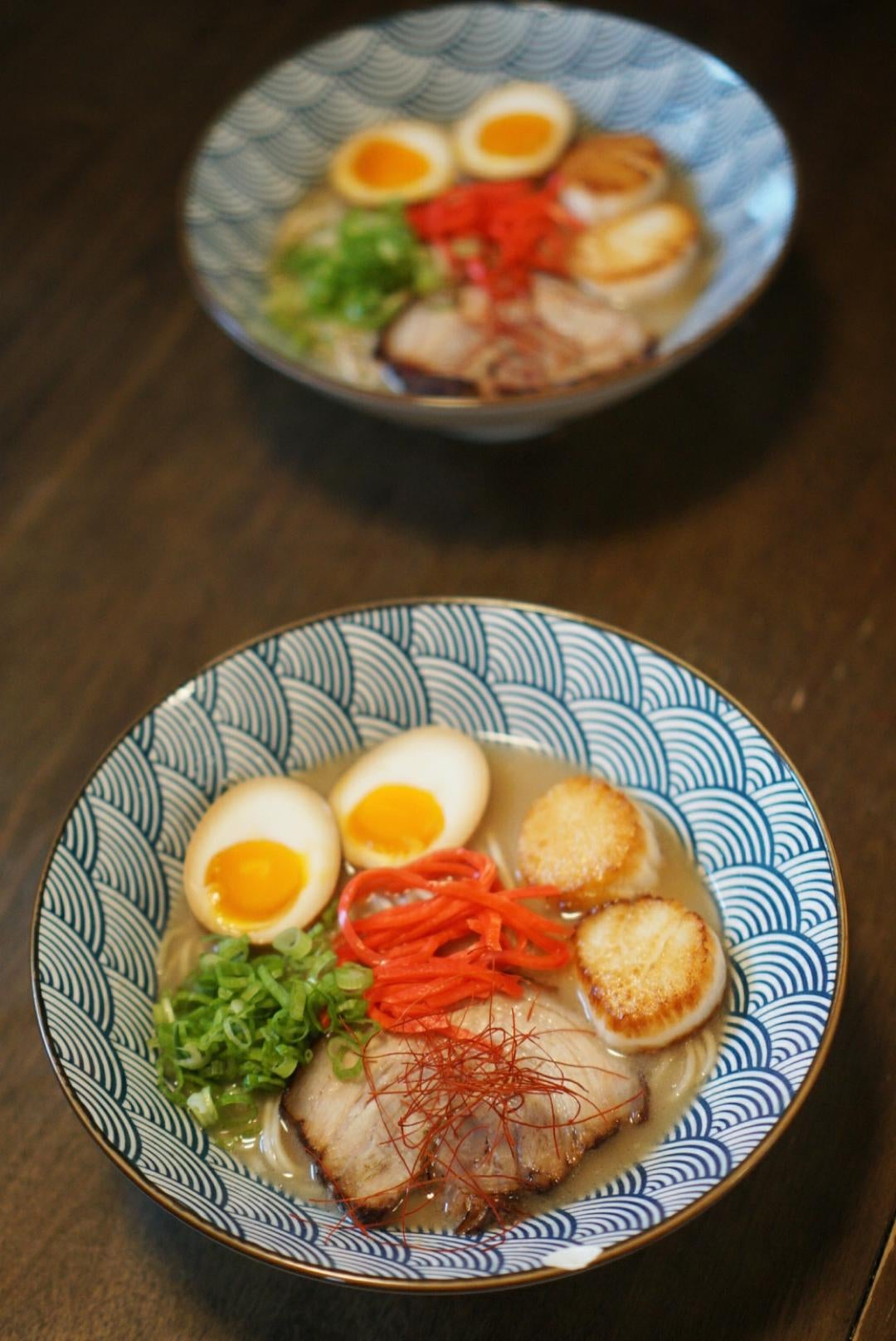 Shoyu tonkotsu/dashi with pork belly, seared scallops, soft egg and ...