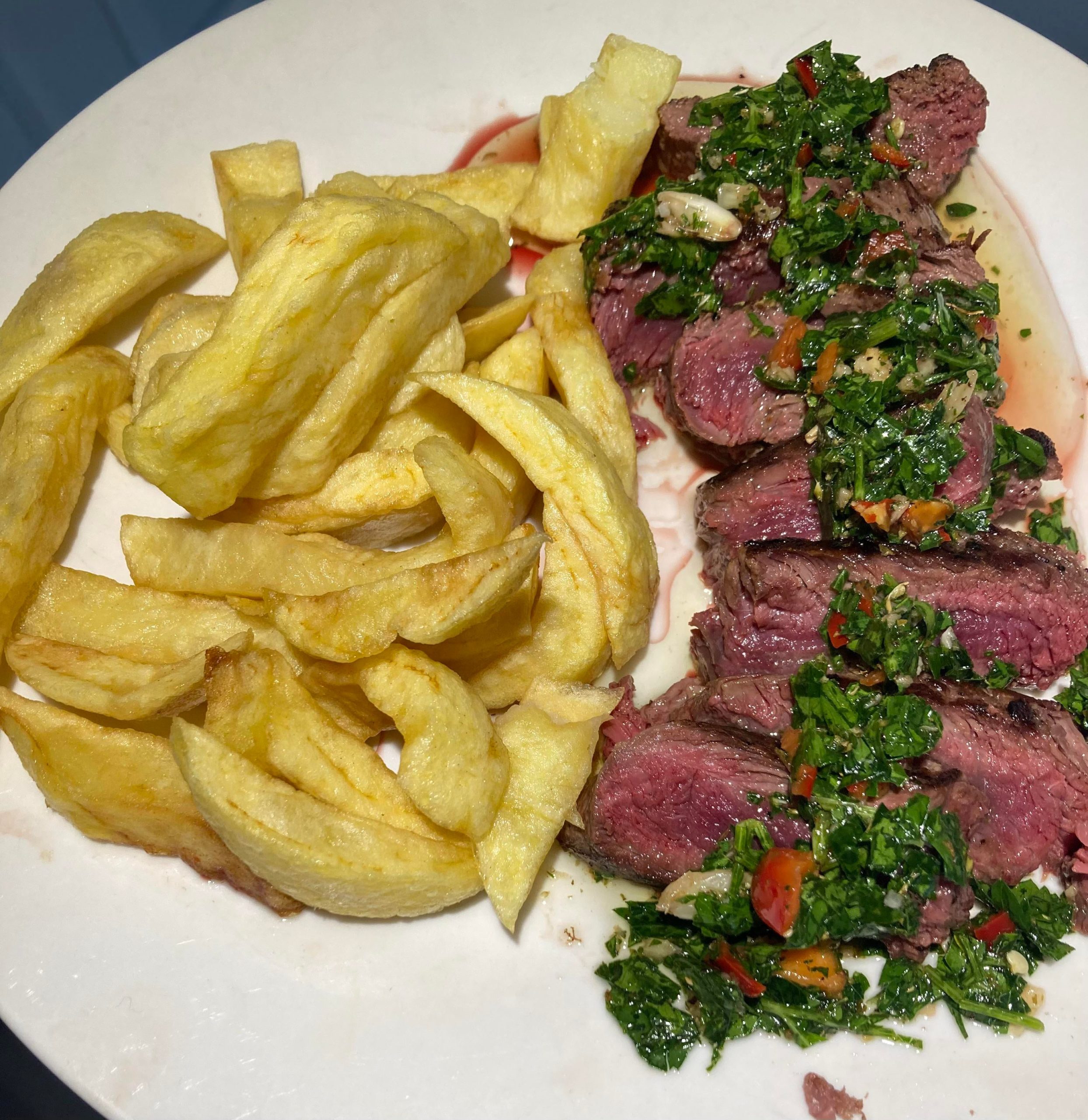 Kangaroo fillet with homemade chimichurri and chippy chips - Dining and ...