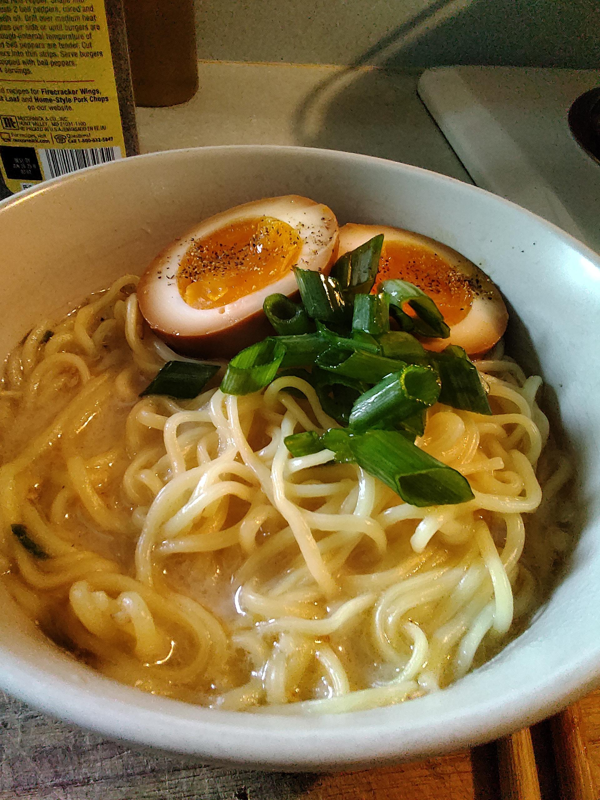 Nissin Raoh Tonkotsu ramen with 24 hour marinated egg. - Dining and Cooking