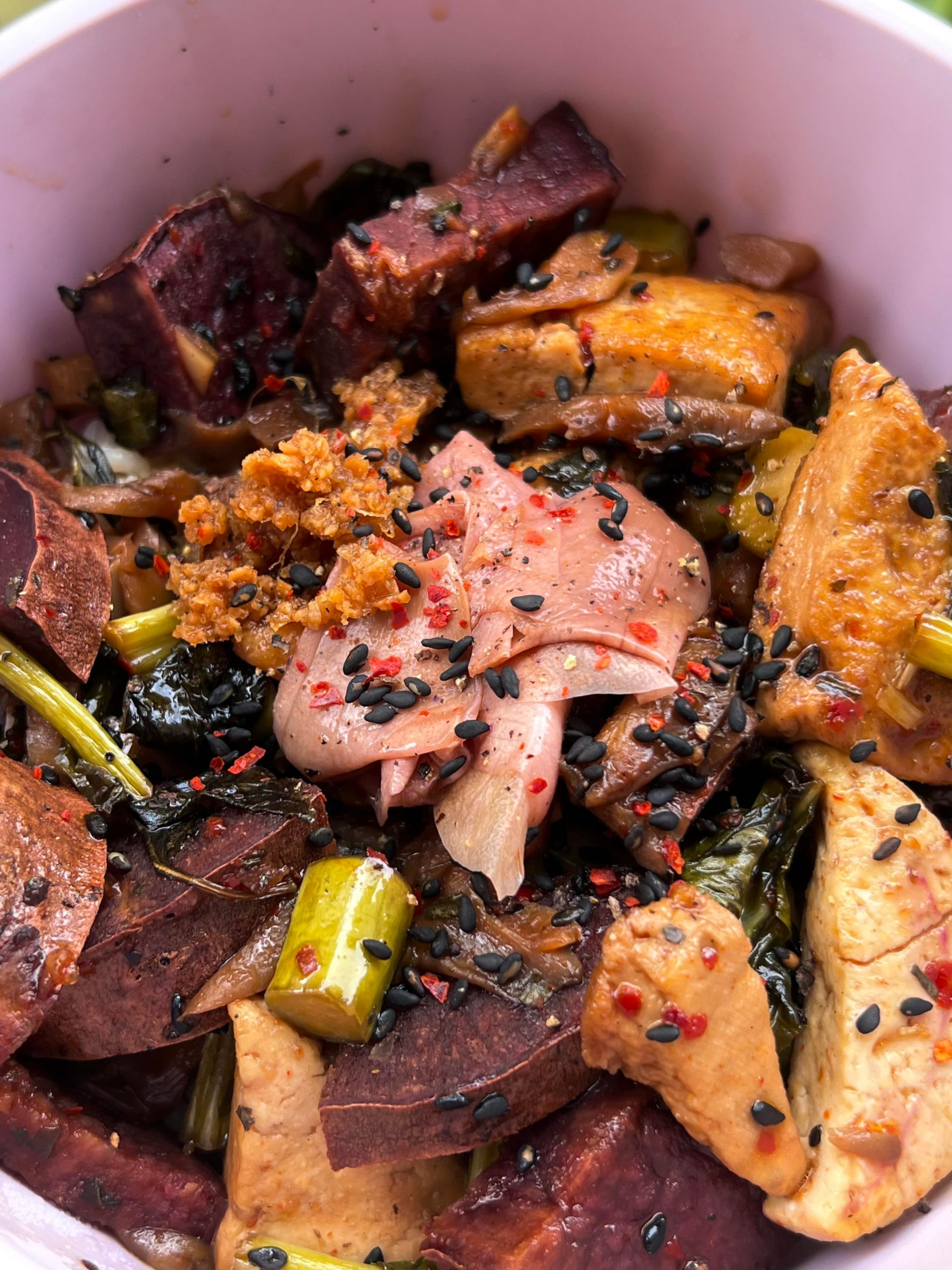 homemade spicy basil tofu with oyster mushrooms, gai lan, black garlic ...