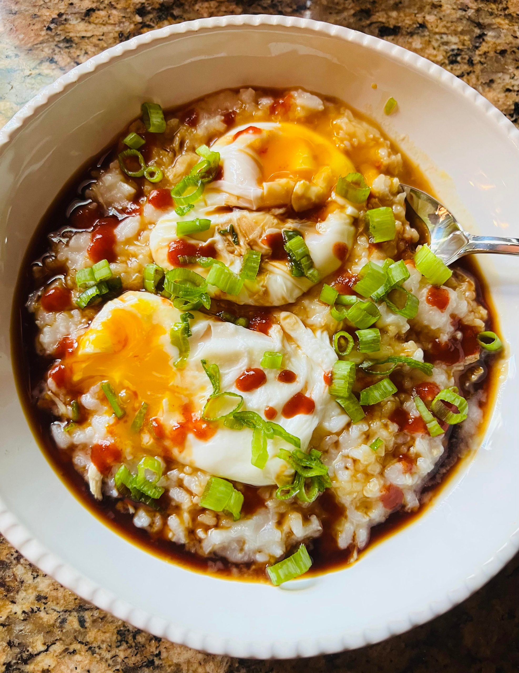 Congee with Poached Eggs, Green Onion, Sriracha & Soy Sauce. - Dining ...