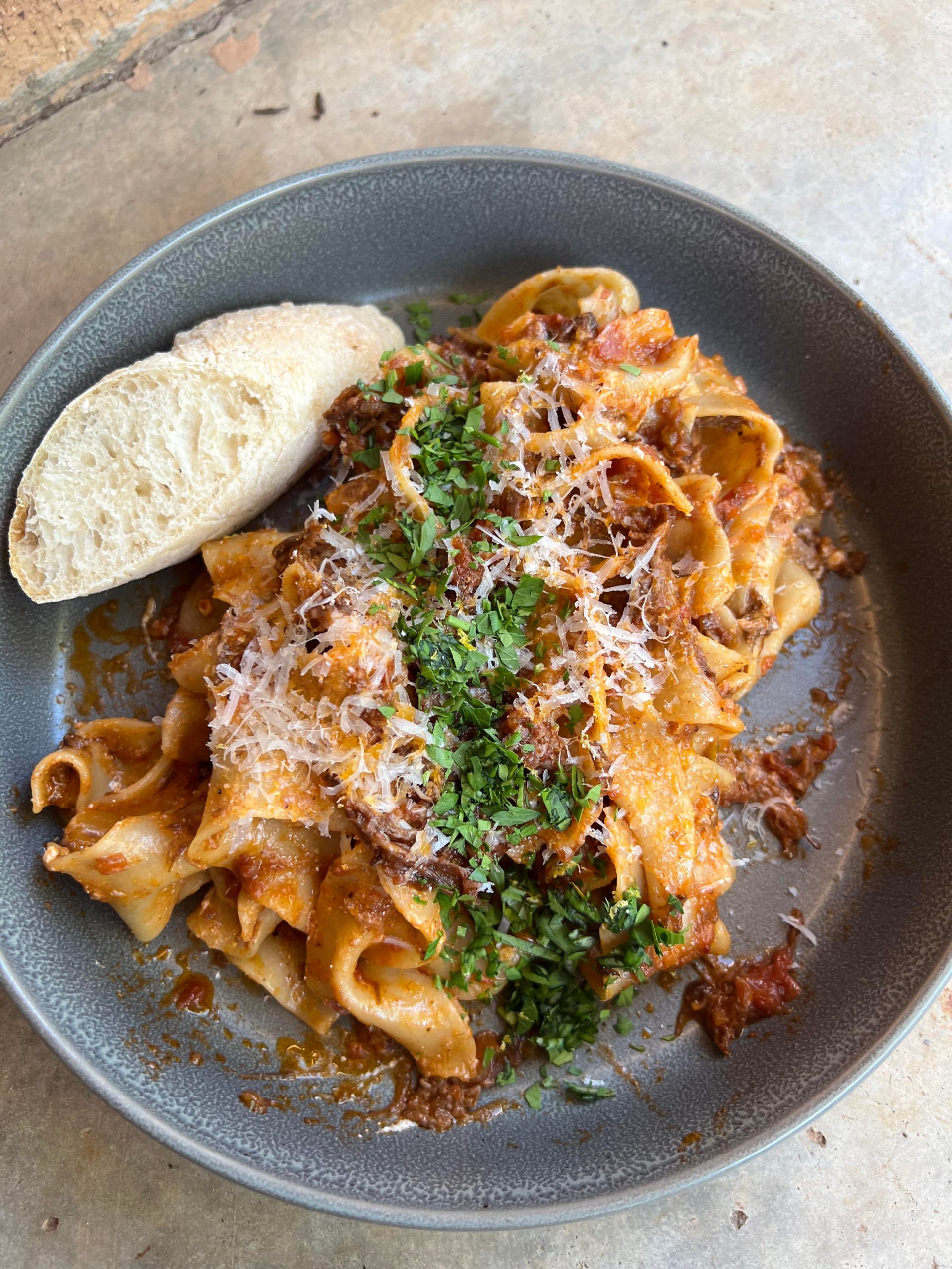 Short rib bolognese with homemade baguette - Dining and Cooking