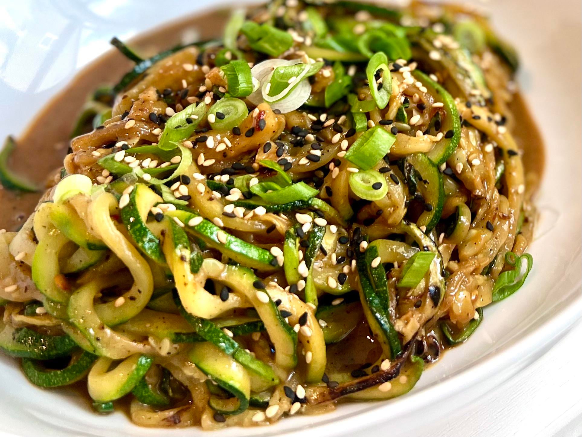 Zoodles wok-tossed with garlic, spicy peanut sesame sauce - Dining and ...