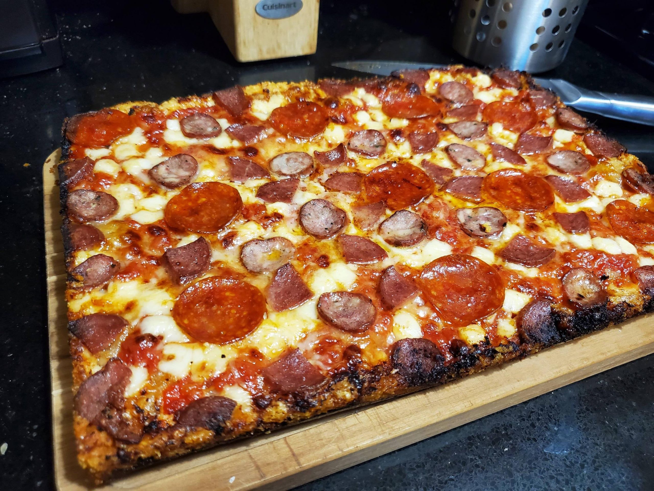 Detroit pizza with rye sourdough crust and miscellaneous meats - Dining ...