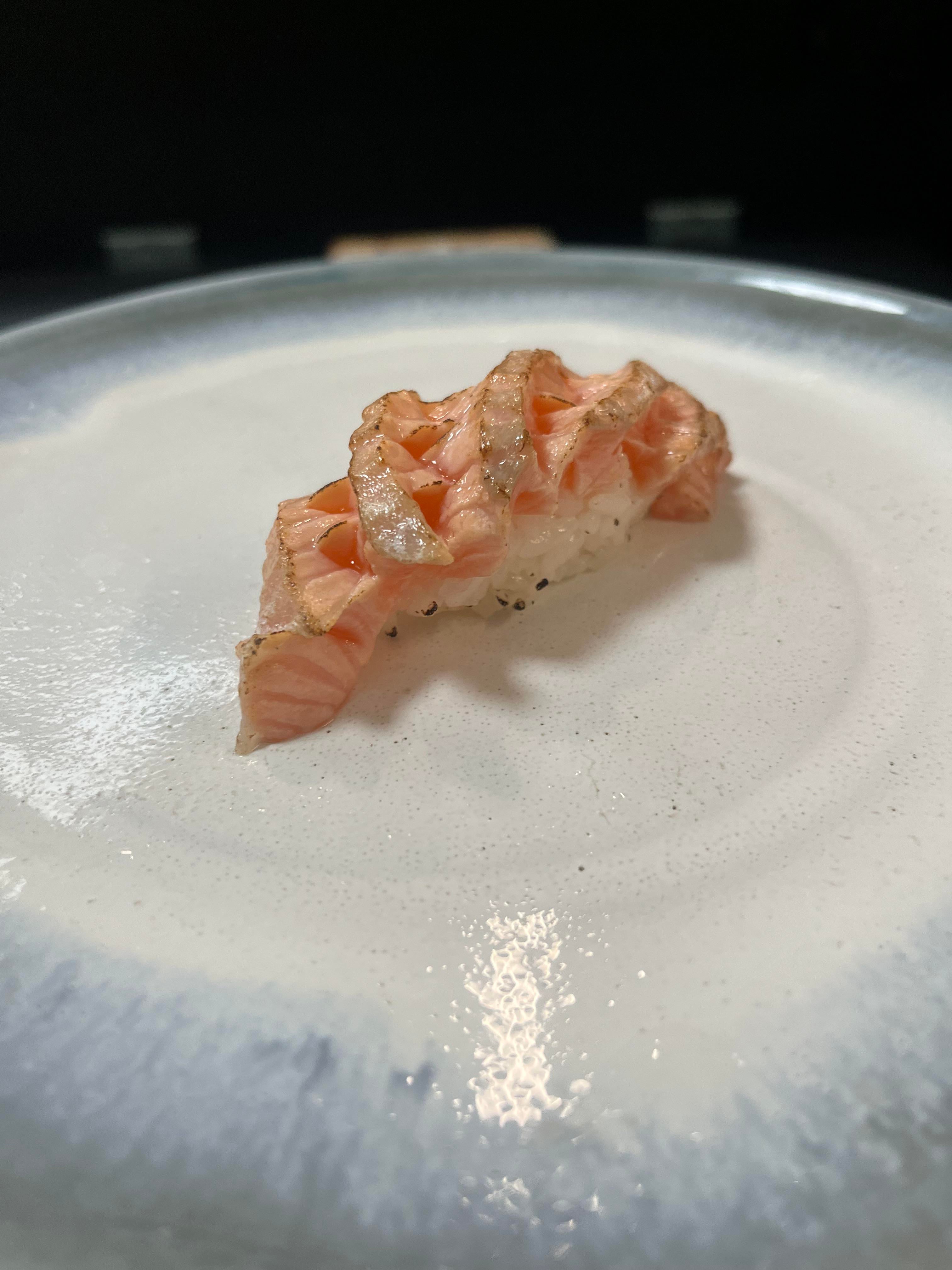 Scored and Torched Salmon belly nigiri - Dining and Cooking