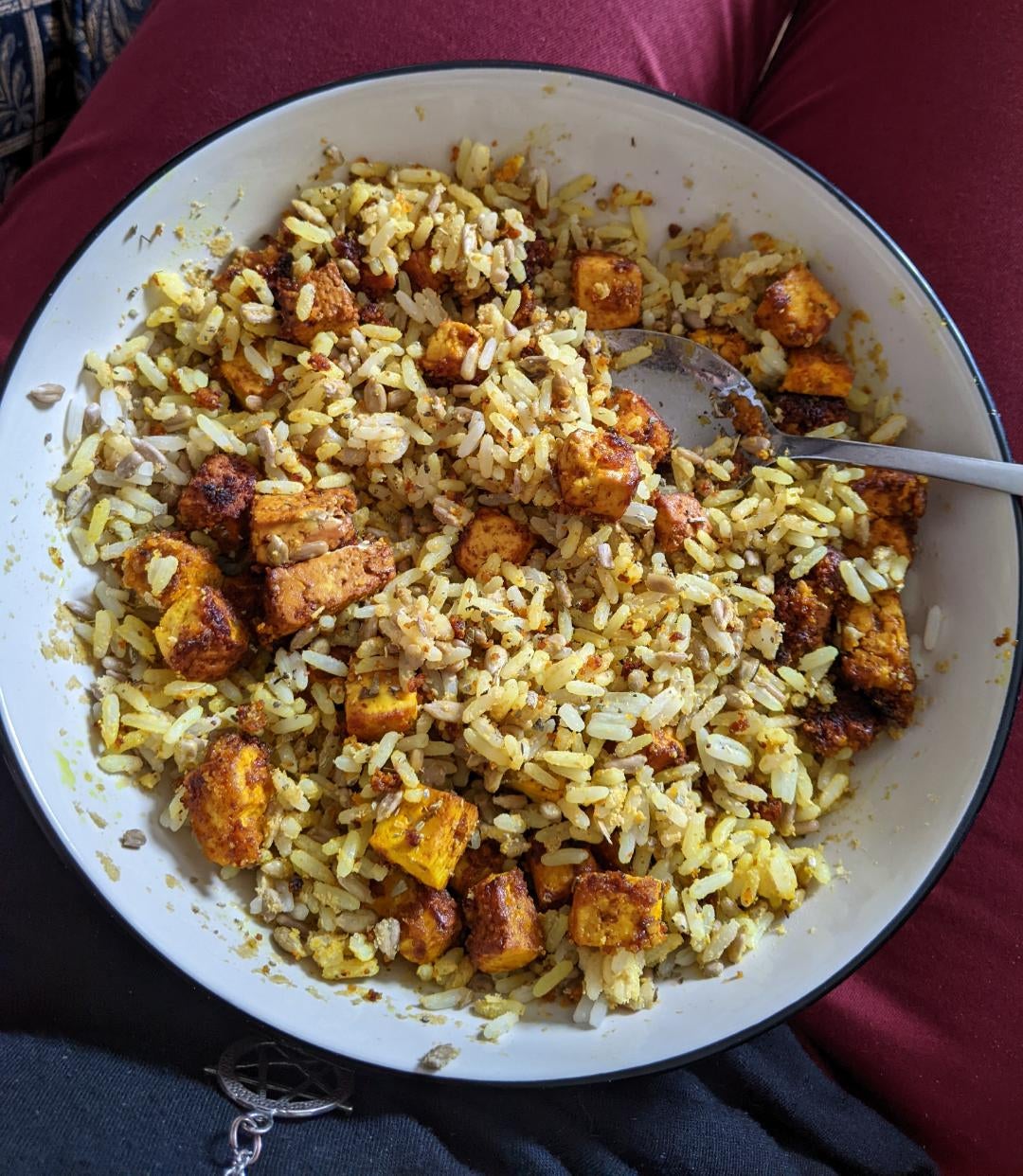 Rice and breaded tofu with a bit of soy sauce, turmeric, and sage ...