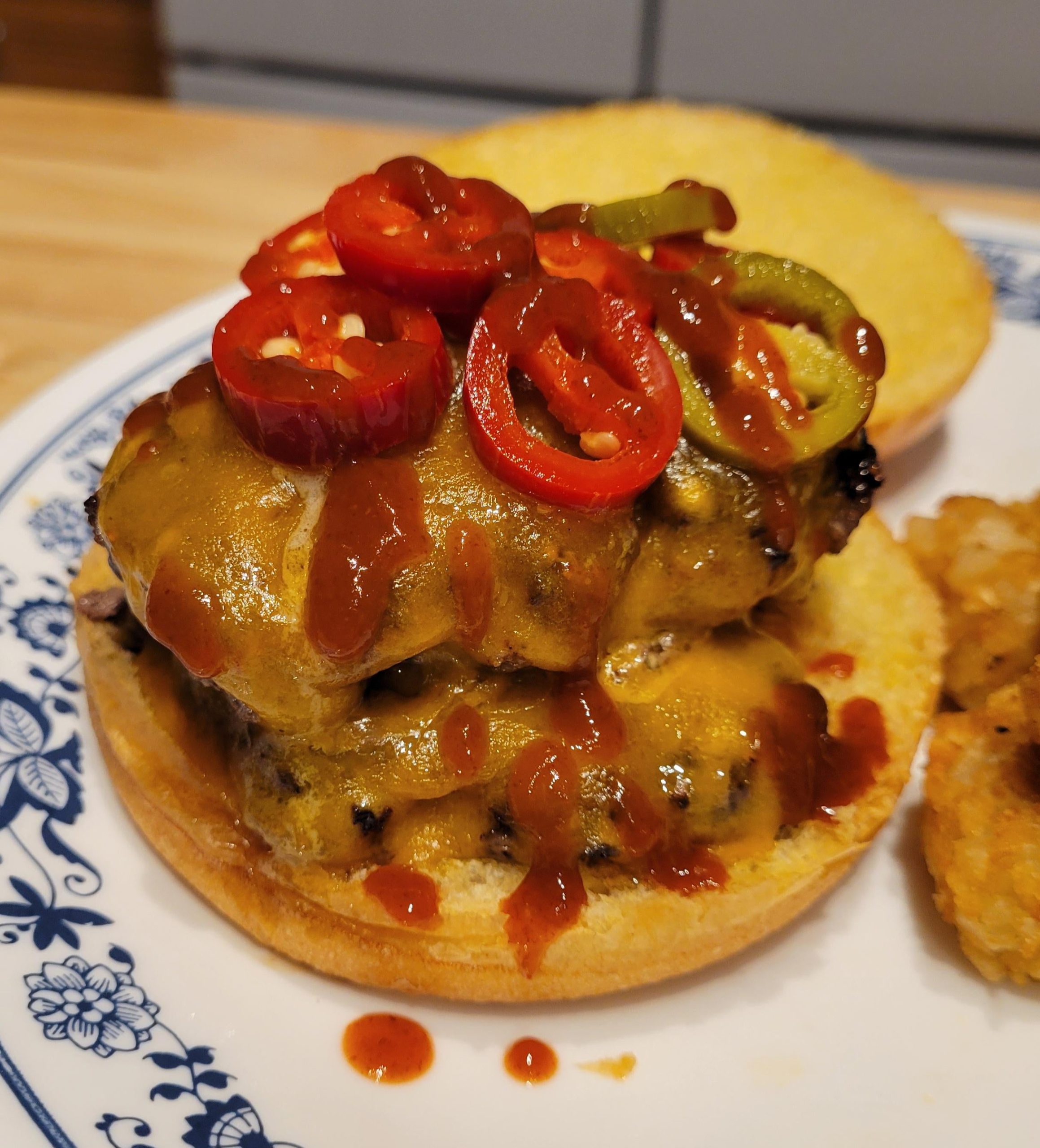 Cast Iron Double Cheeseburger with Pickled Jalapeños and Sriracha ...