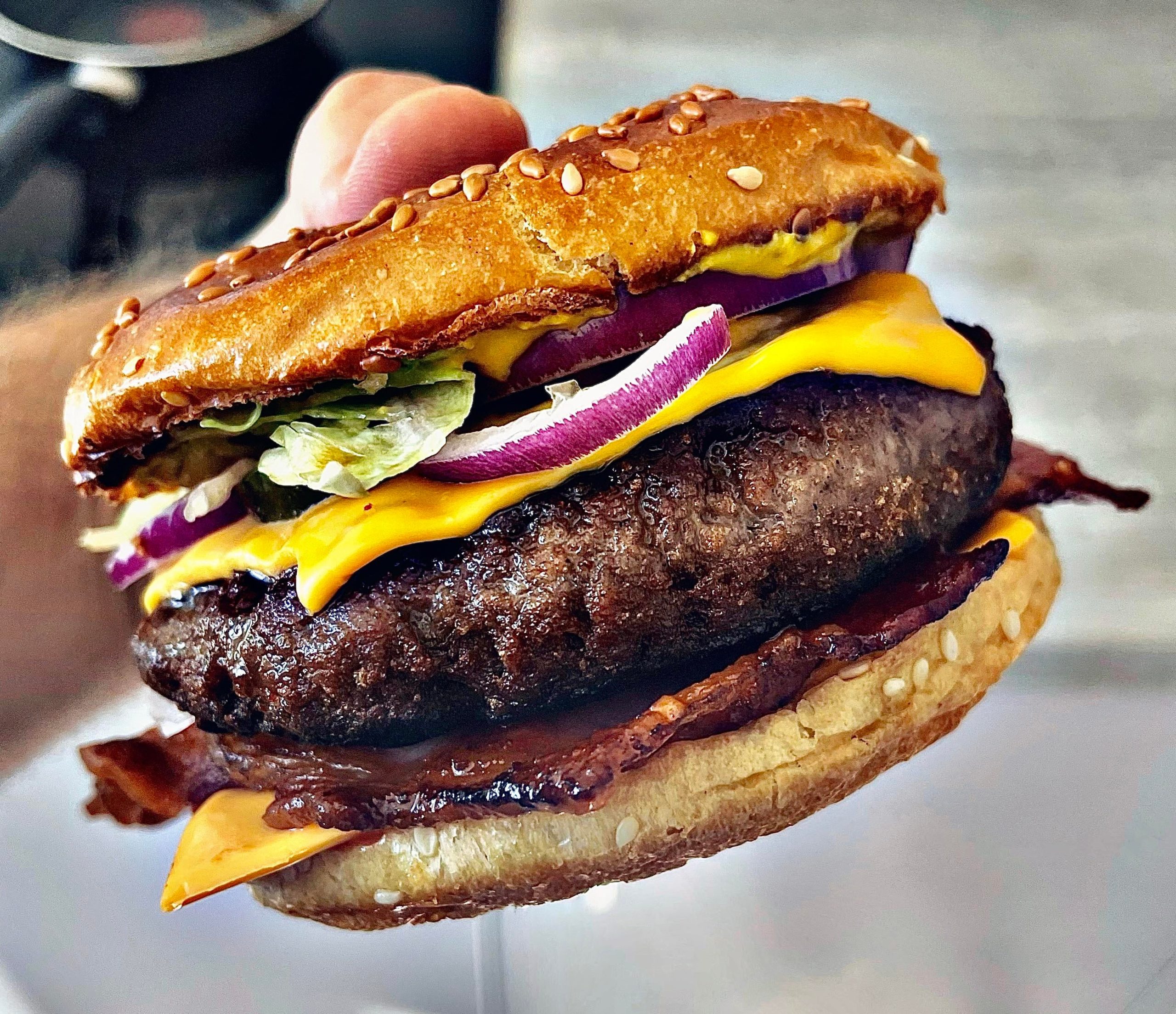 Nice and simple: Bacon cheeseburger. Bone marrow patty, burger cheese ...