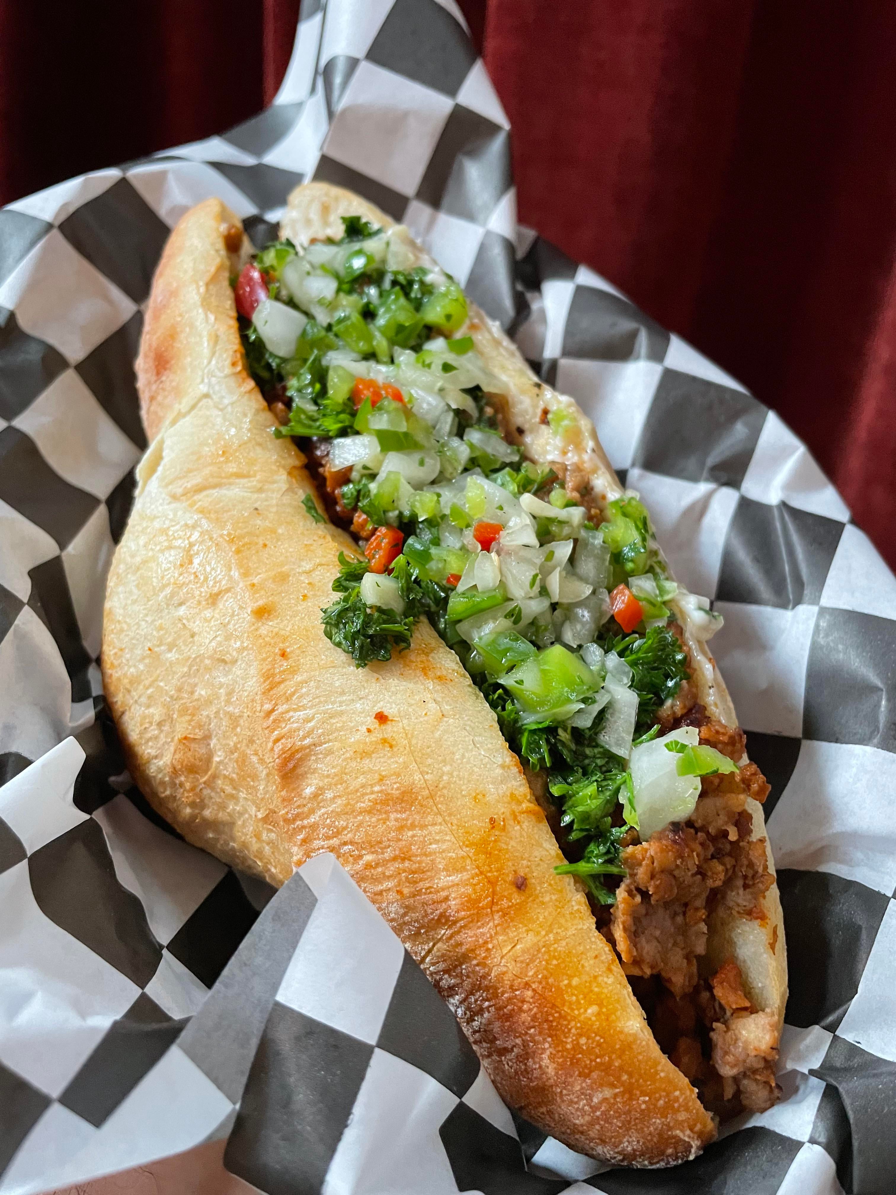 Chorizo impossible blend with Chimichurri and bell pepper salsa on ...