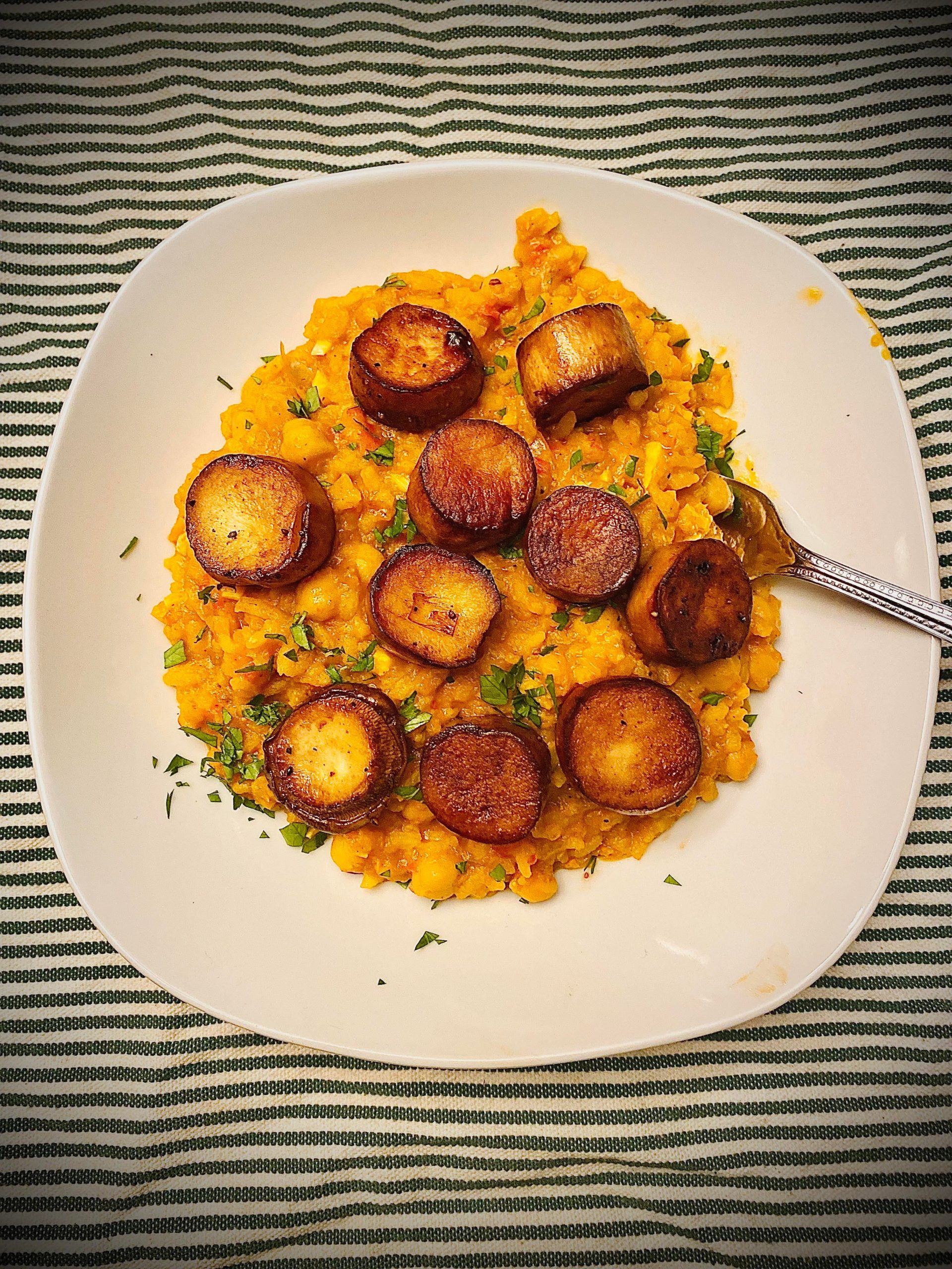 King oyster mushroom “scallops” over creamy Spanish rice w/ chickpeas ...