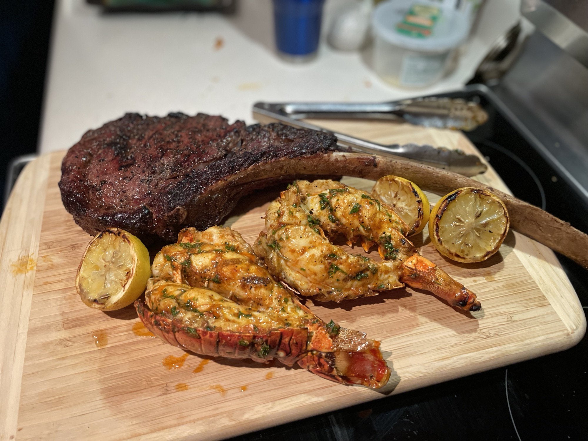 Grilled Tomahawk Ribeye with Lobster for our Anniversary dinner ...