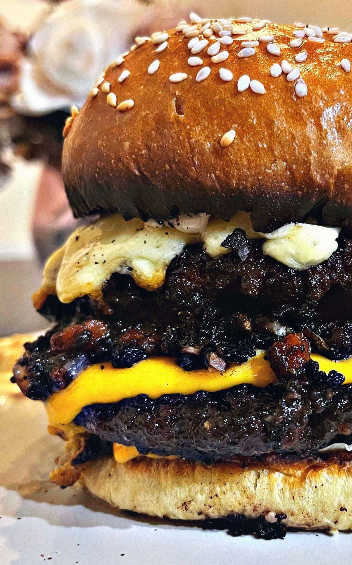 Double smashed marrow patties cooked on my cast-iron. Smoked applewood ...
