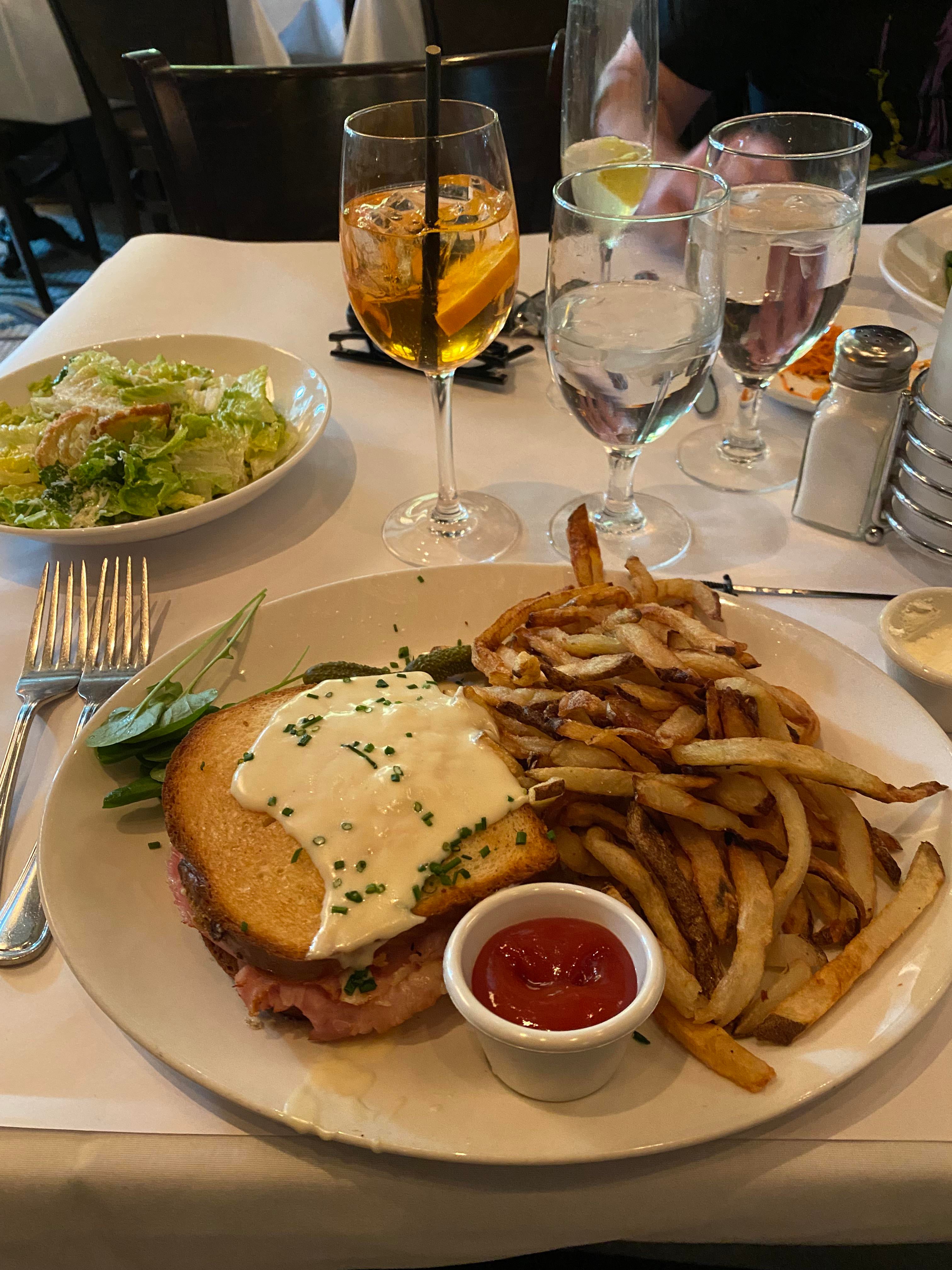 A classic Croque monsieur with a side of fries and salad. My favorite ...