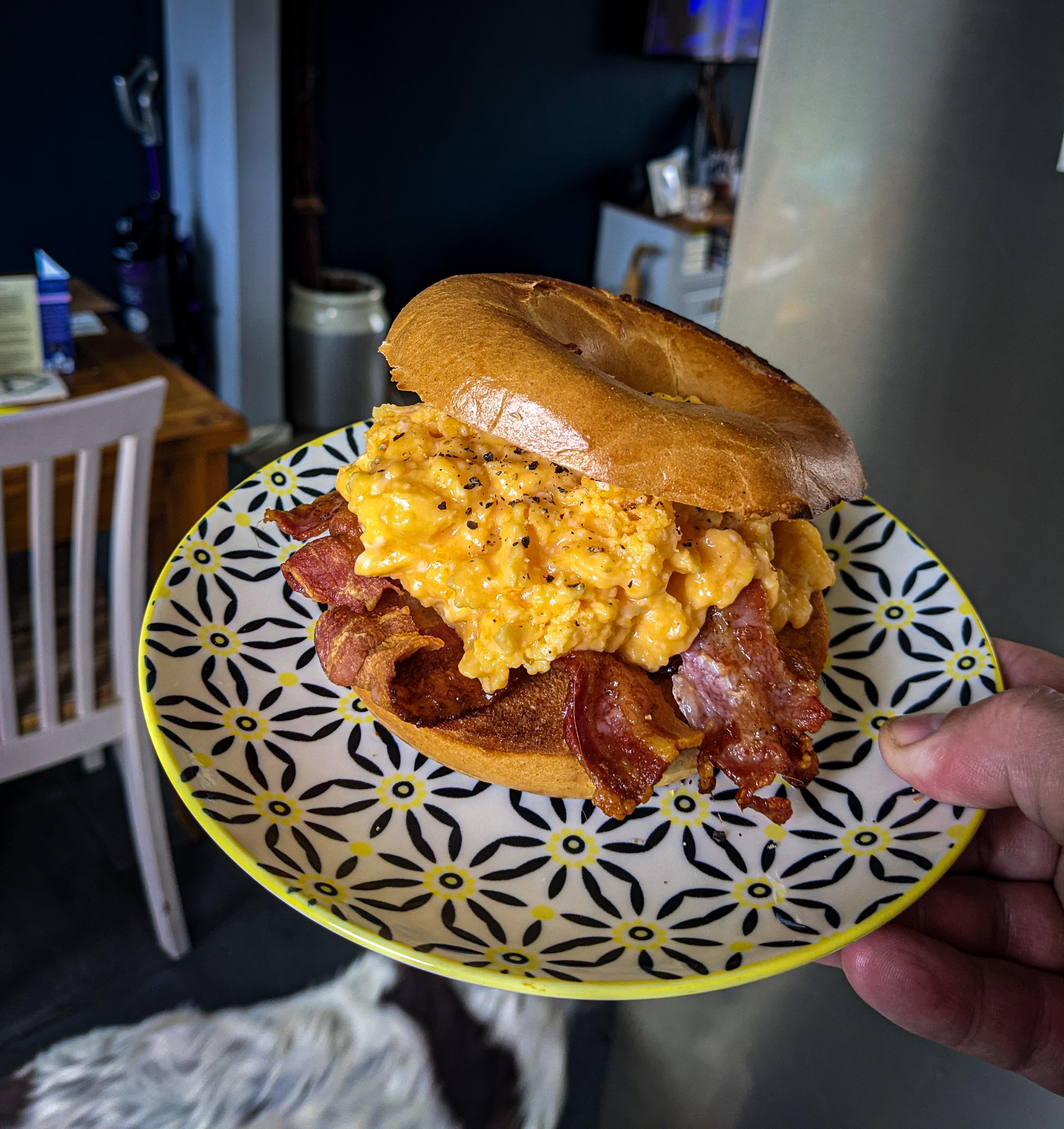 Behold the destroyer of hangovers, egg and bacon bagel.[OC] - Dining ...